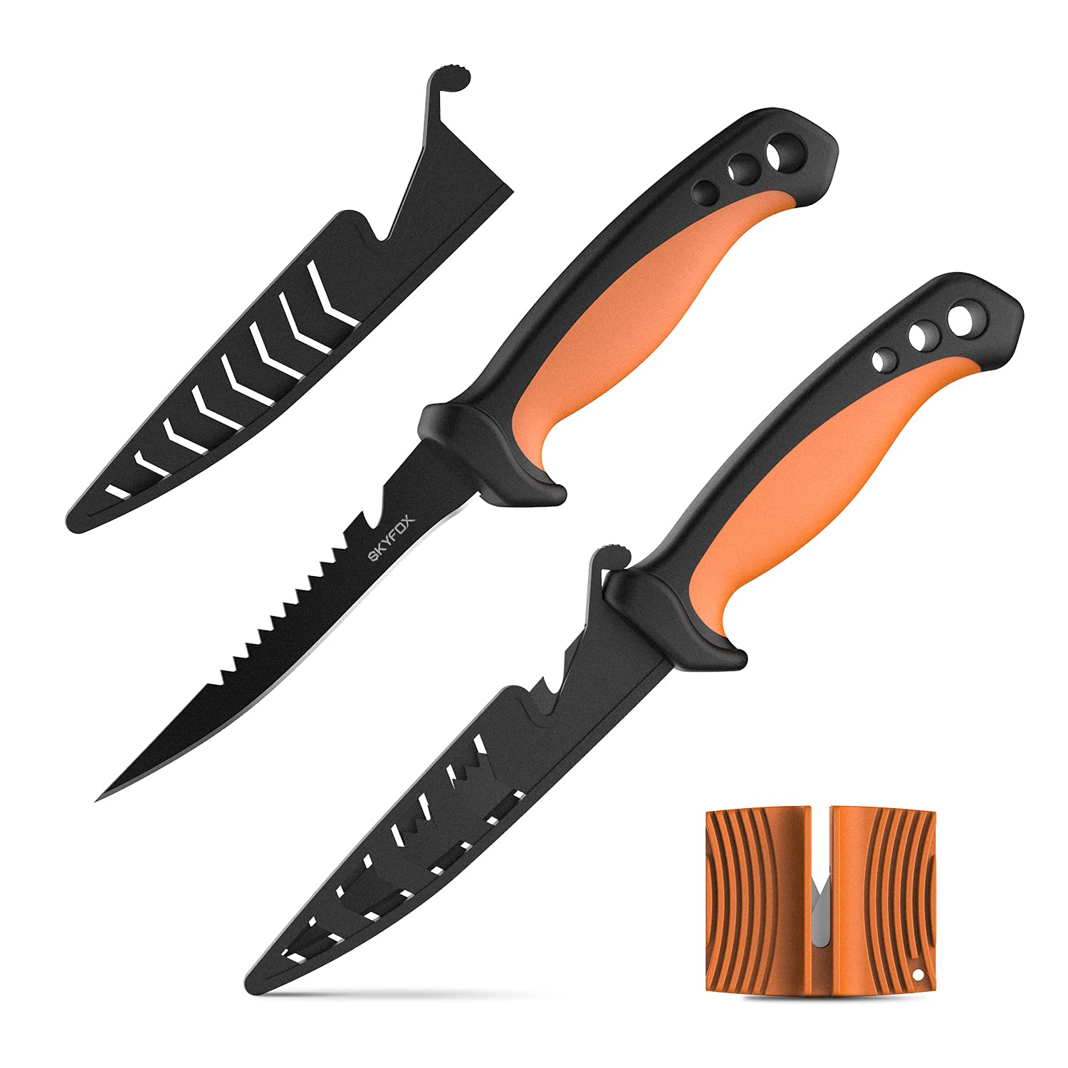 SKYFOX Fishing Fillet Knife and Bait Knives 2 Pack, 5" Razor Sharp German Stainless Steel utility knife w/Non-Slip Handles Sharpener for Cutting Fish, Meet, Outdoors, Kitchen, Camping, Hunting