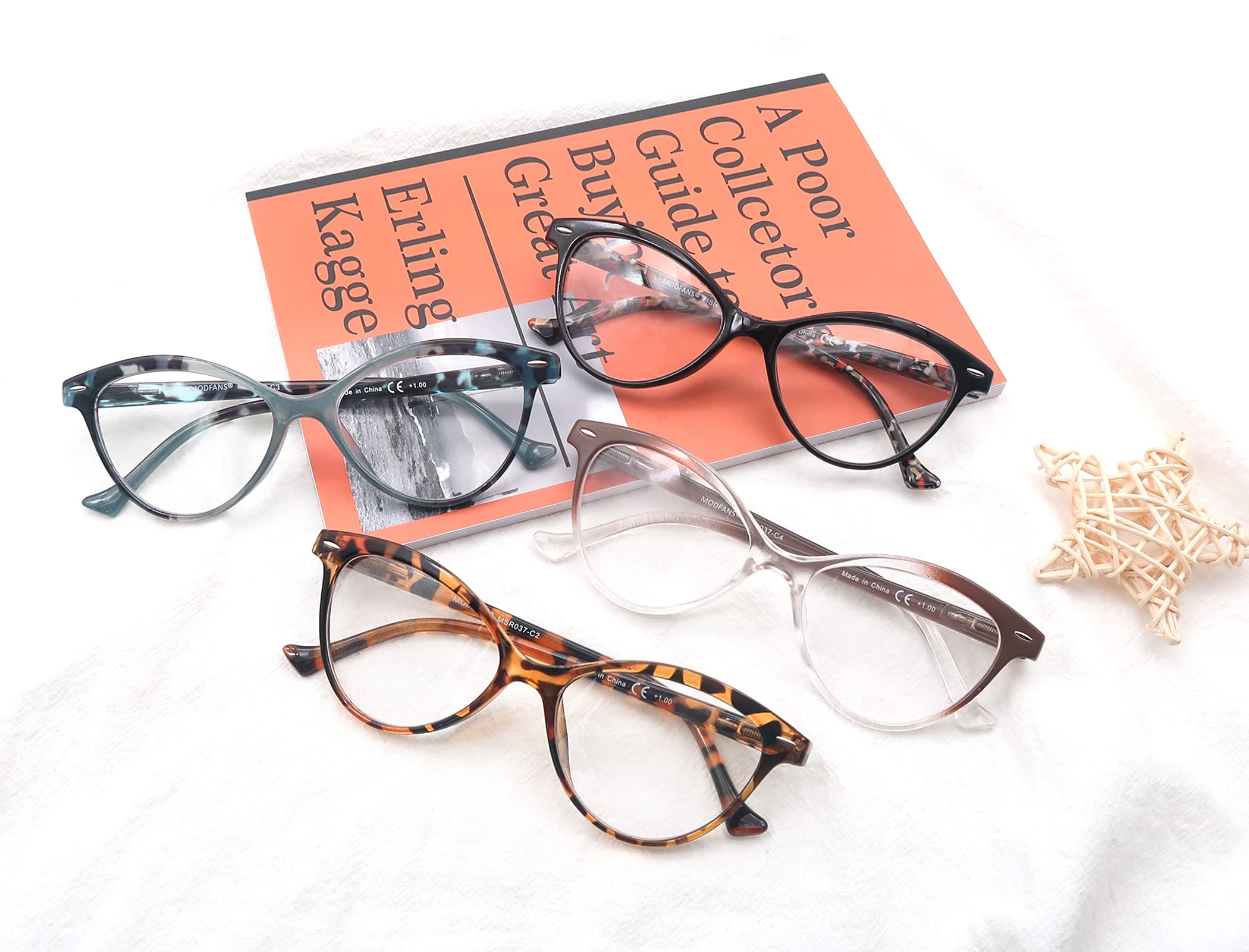 MODFANS 4 Pack Cat Eye 1.5 Reading Glasses for Women,Fashion Ladies Design Comfortable Spring Hinge Stylish 4 Pair Women Readers with 4 Pouch