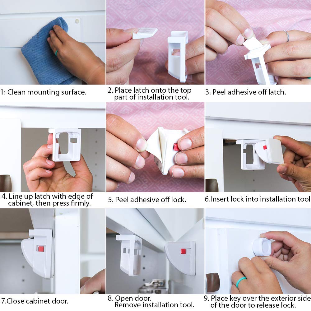 Magnetic Baby Safety Locks for Cabinets and Drawers by Subtle Baby - Strong Adhesive. No Screws Needed. Keep Kids Safe Child Proofing Kitchen and Bathroom. Installation Tool. Unlock or Lock Setting.
