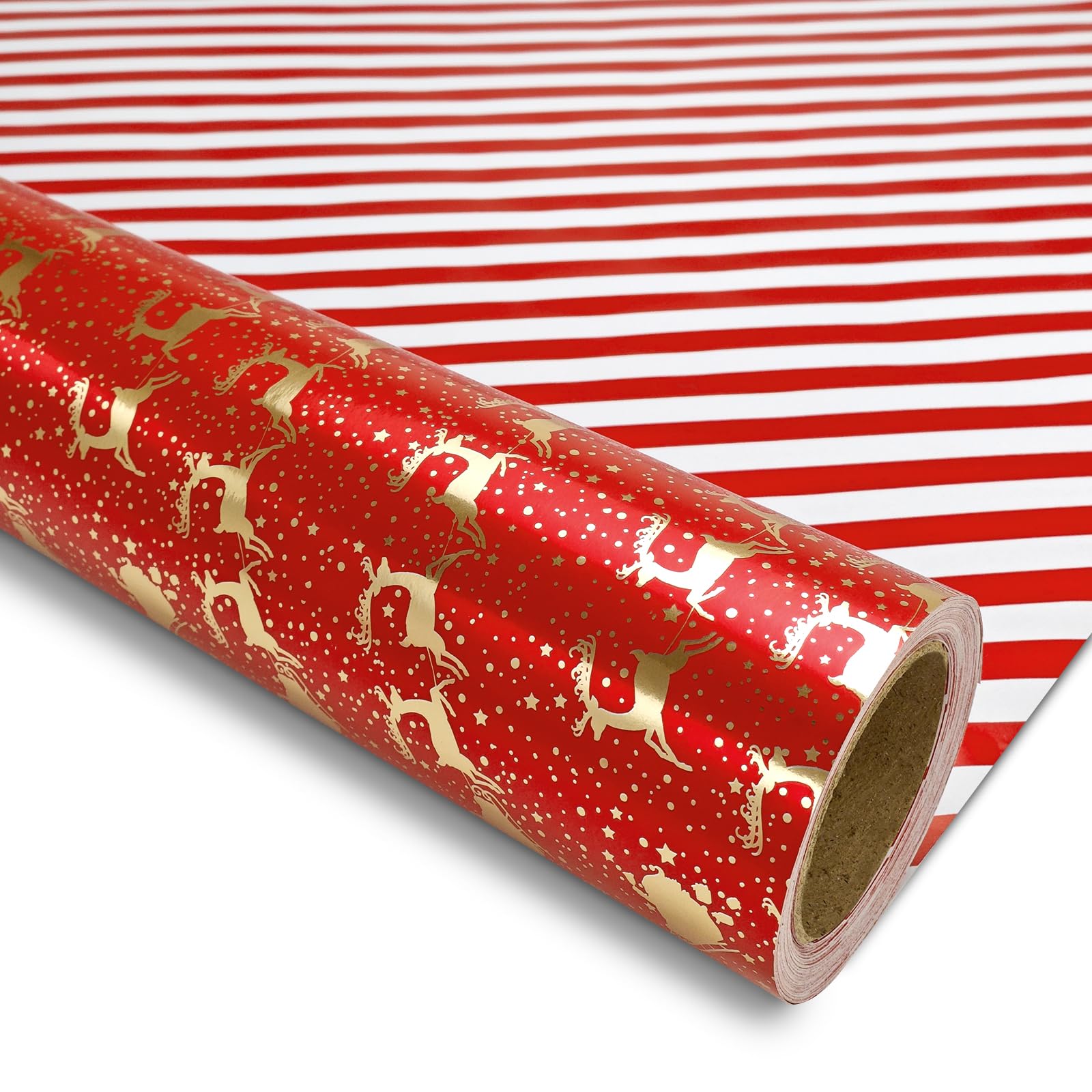 LDGOOAEL Reversible Christmas Wrapping Paper Jumbo Roll - Red with Gold Foil Reindeer & Stripes - 30 inches x 100 Feet