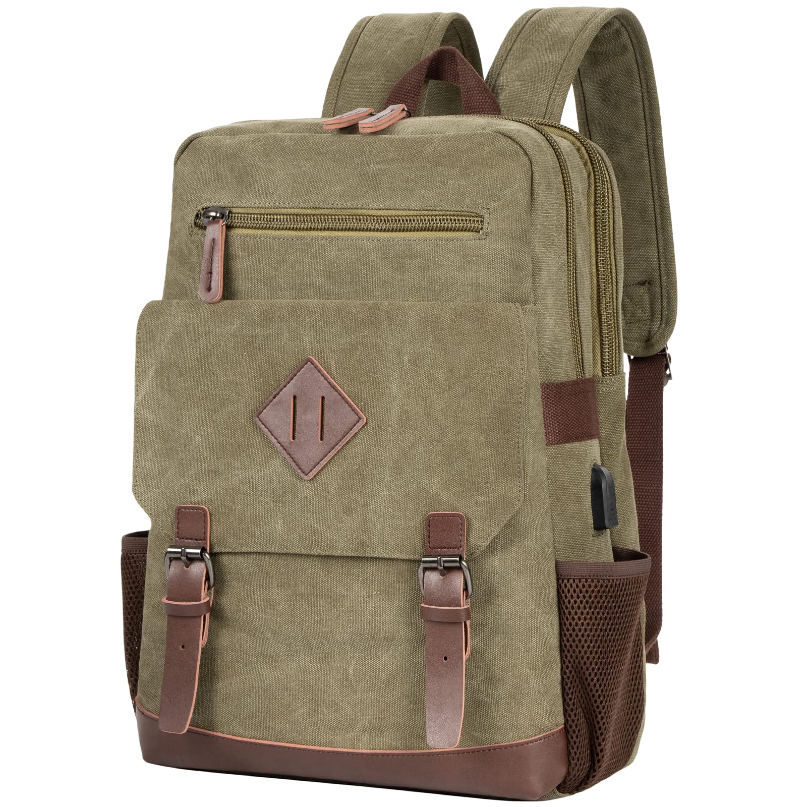 Modoker Vintage Backpack for Men Women, Canvas Bookpack Fits Most 15.6 Inches Computer and Tablets, Rucksack Backpack with USB Charging Port, Army Green