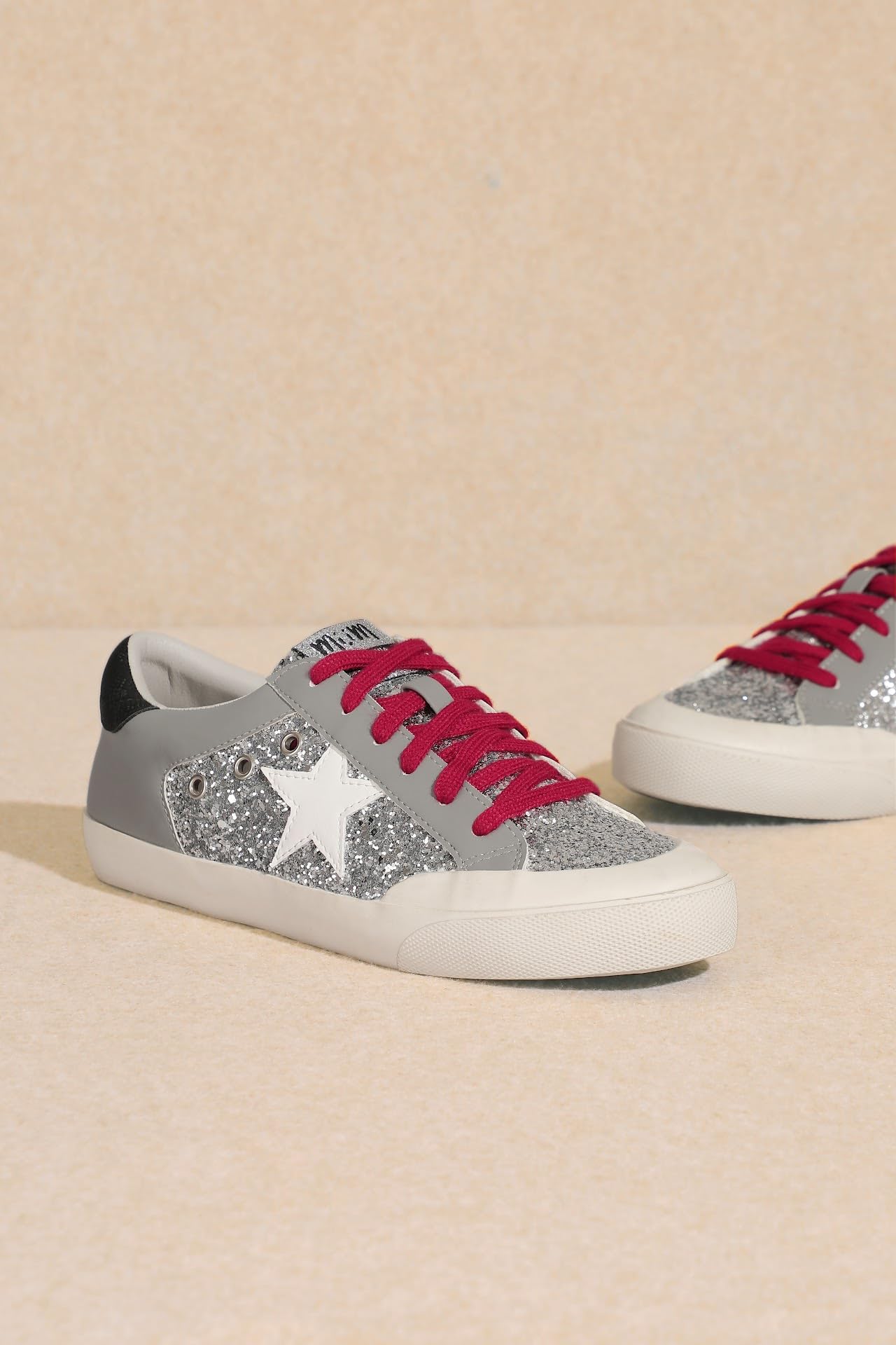 Mi.iM Harbor Rubber Sole Lace-up Glitter Leather Star Sneakers (6, Silver White)