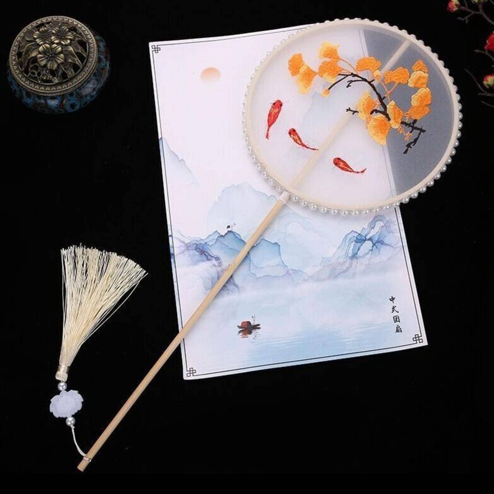 SAXTZDS Ancient Style Palace Fan Classical Embroidery Fan Wind Long and Short Handle Round Special-Shaped Group Fan Embroidery Fan