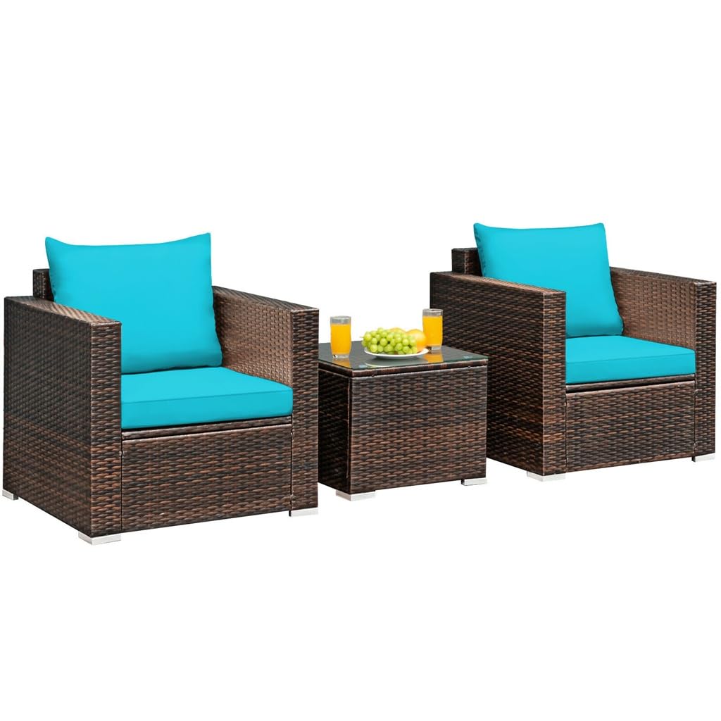 LIUZH 3PCS Patio Rattan Furniture Set Conversation Sofa Cushioned Turquoise