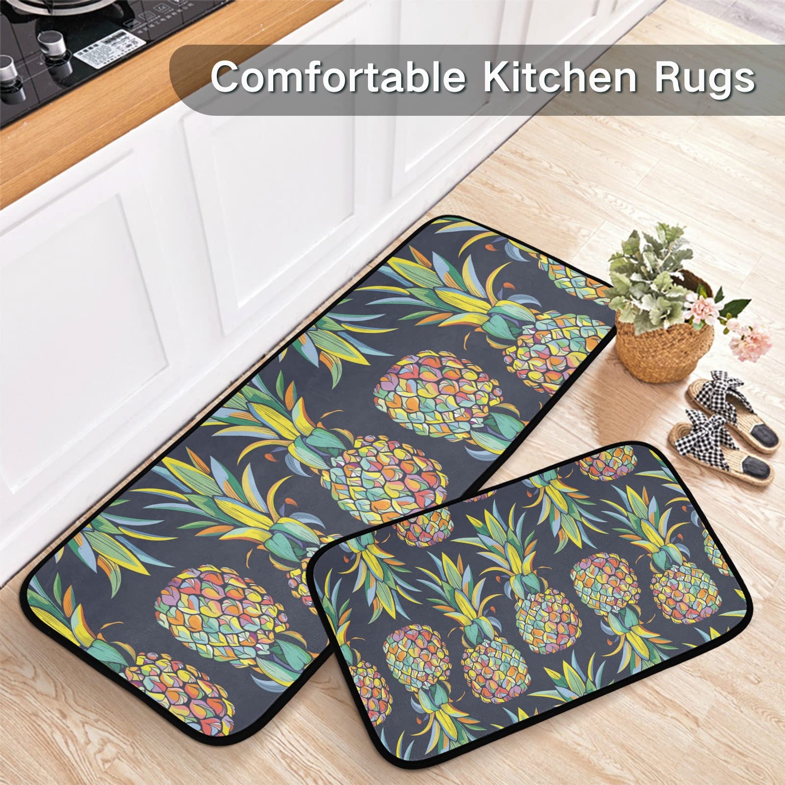 Pineapples Kitchen Rugs and Mat 2 Pieces Set Cushioned Anti Fatigue Kitchen Mat Non Slip Doormat Runner Carpet Washable Farmhouse Decor for Kitchen Floor Home Office Laundry