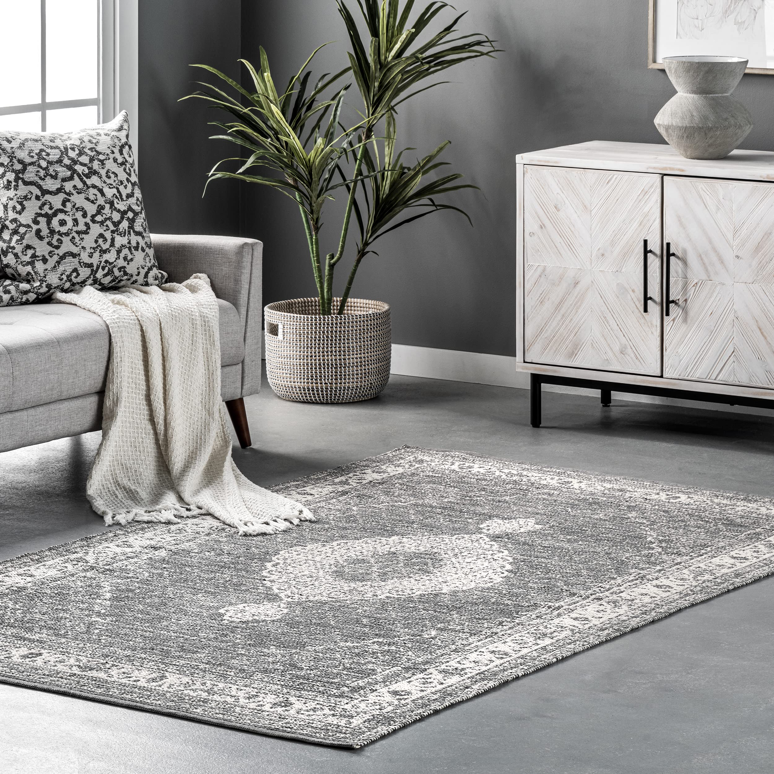 nuLOOM Ronnie Elegant Vintage Medallion Cotton Flatweave Area Rug, 8x10, Grey