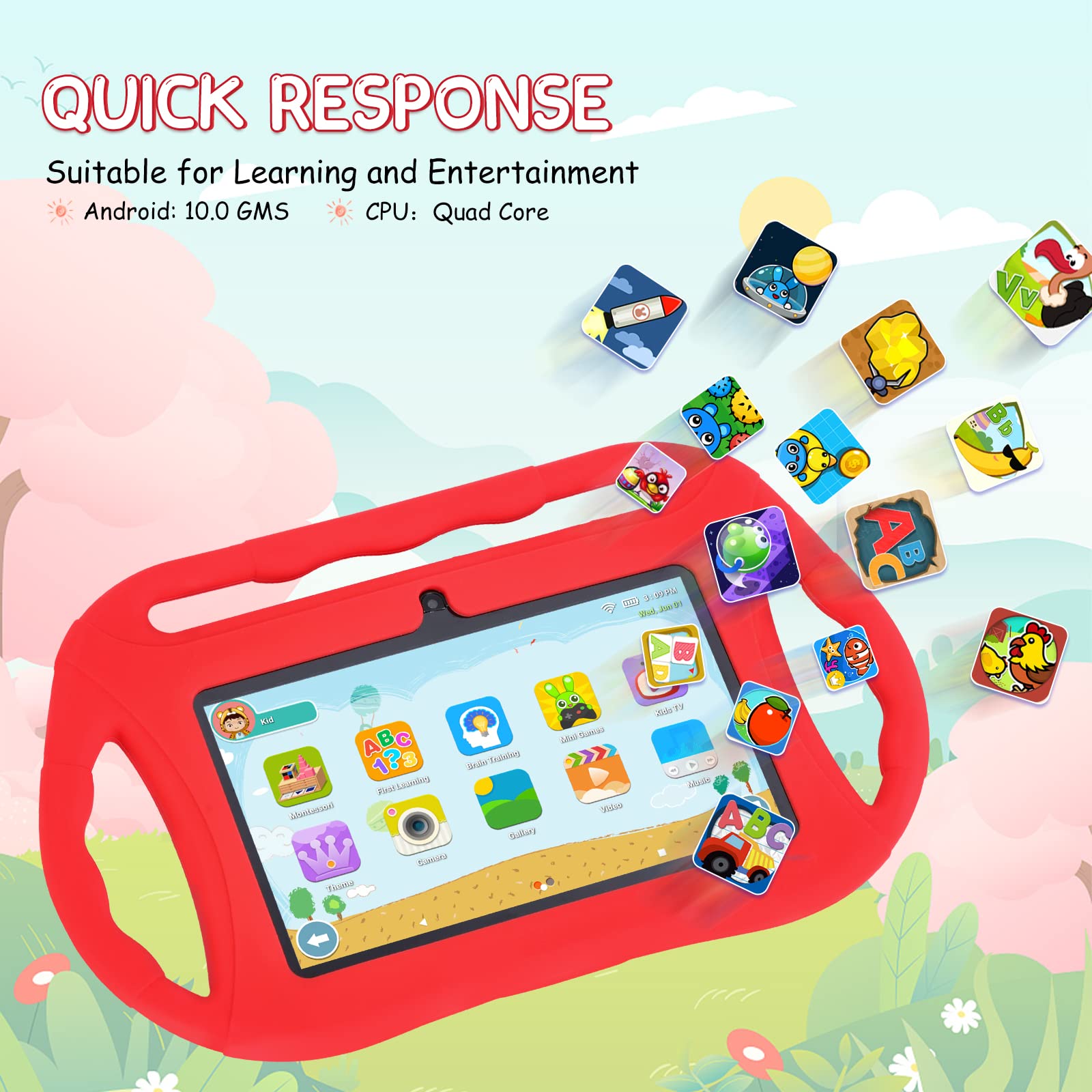 Veidoo Tablet for Kids, 7 inch Android Toddler Tablet, 32GB Storage, WiFi Dual Camera, Kids Content Google Plays, Parental Control, Kid-Proof Case (Red)