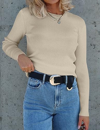 ZESICA Women's Long Sleeve Crewneck Shirts 2023 Fall Clothes Ribbed Knit Sweaters Slim Fitted Casual Basic Tee Tops,Almond,Large