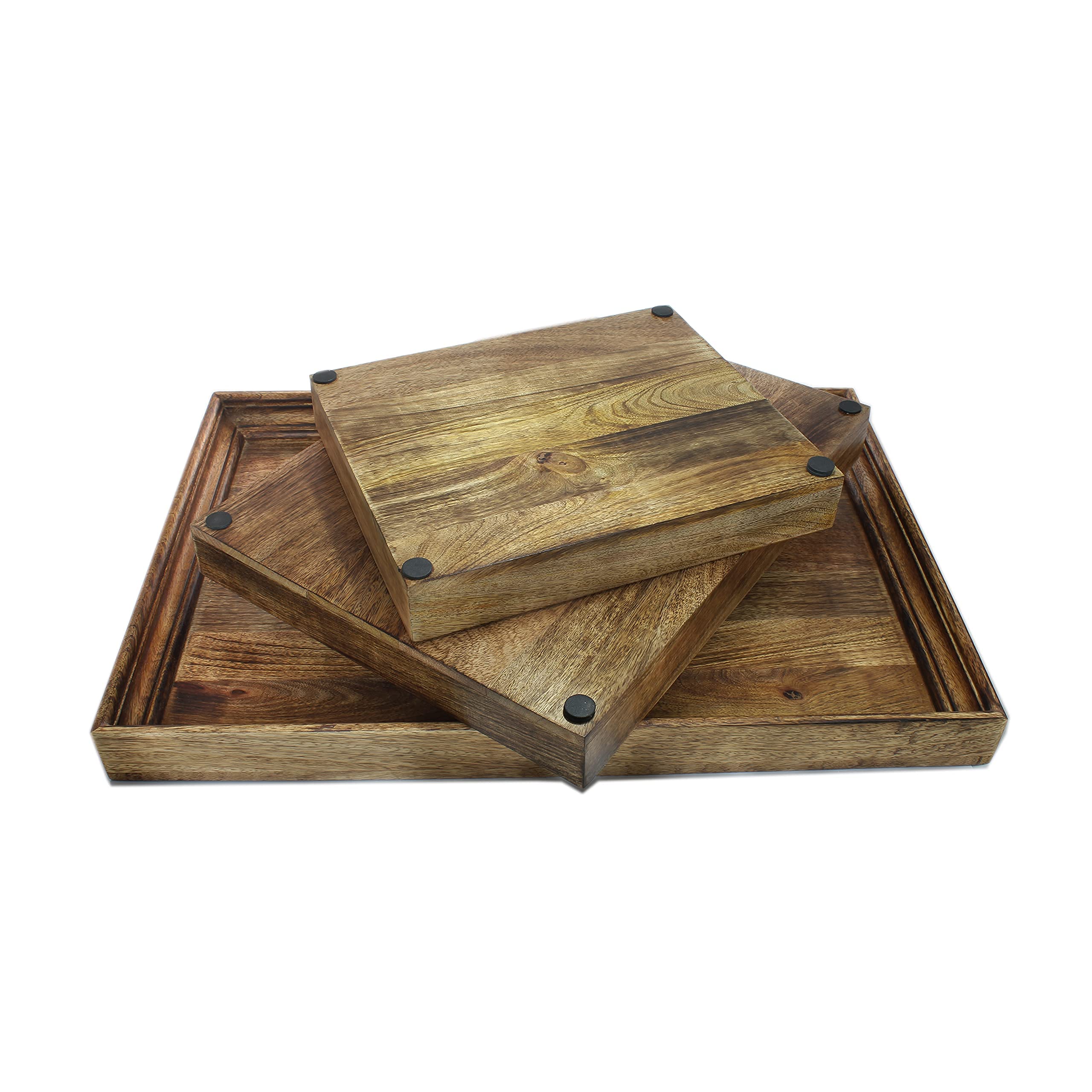 SAVON Extra Large Serving Tray Wooden Tea Coffee Breakfast 24 x 17 inches Set of 3 (Natural Wood)