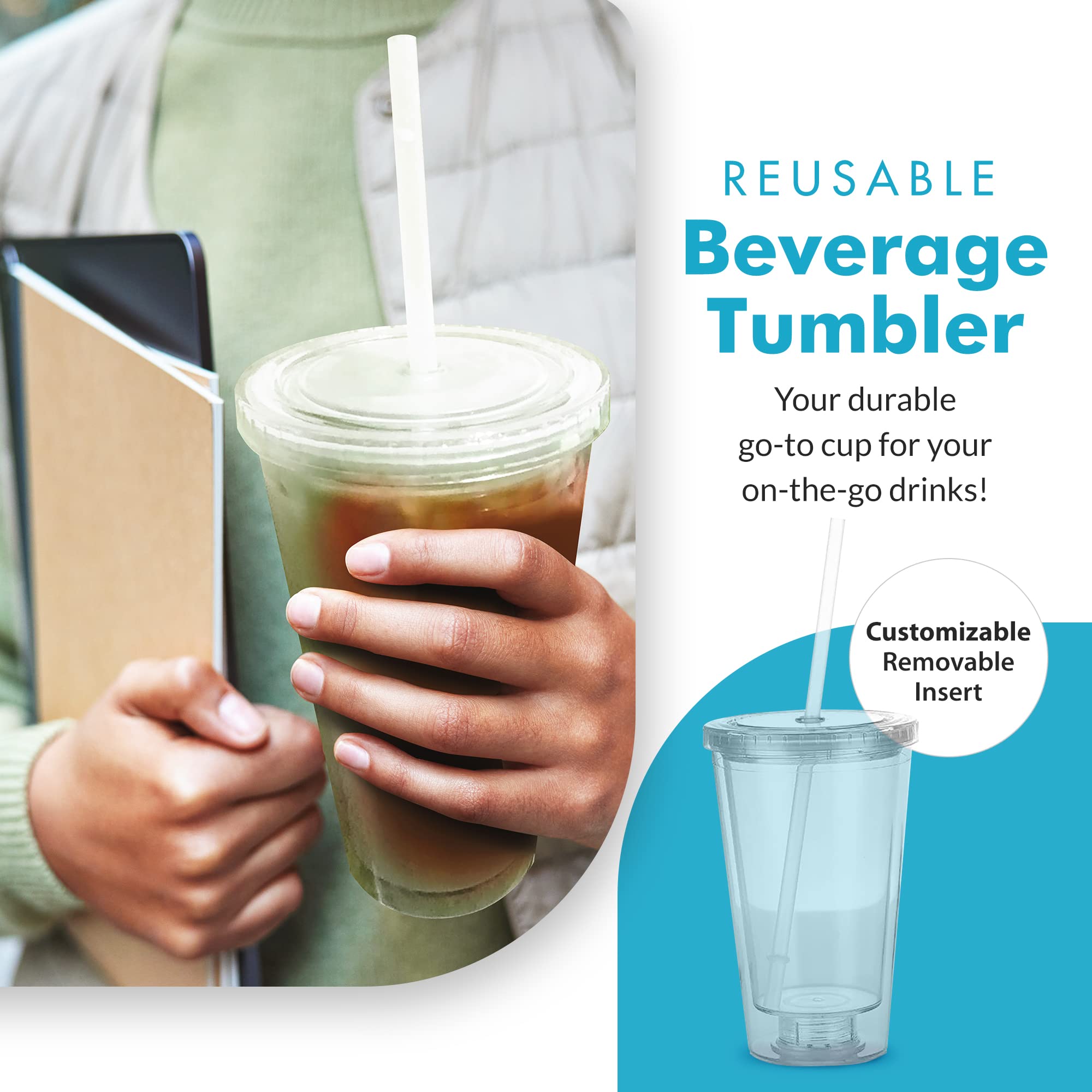 Simple Green Solutions - Customizable Paper Insert Acrylic Double Wall Cup for Cold Drinks, Clear Reusable Cups with Lids & Straws, Insulated Plastic Tumblers with Lids & Straw, Acrylic Tumblers, 16oz