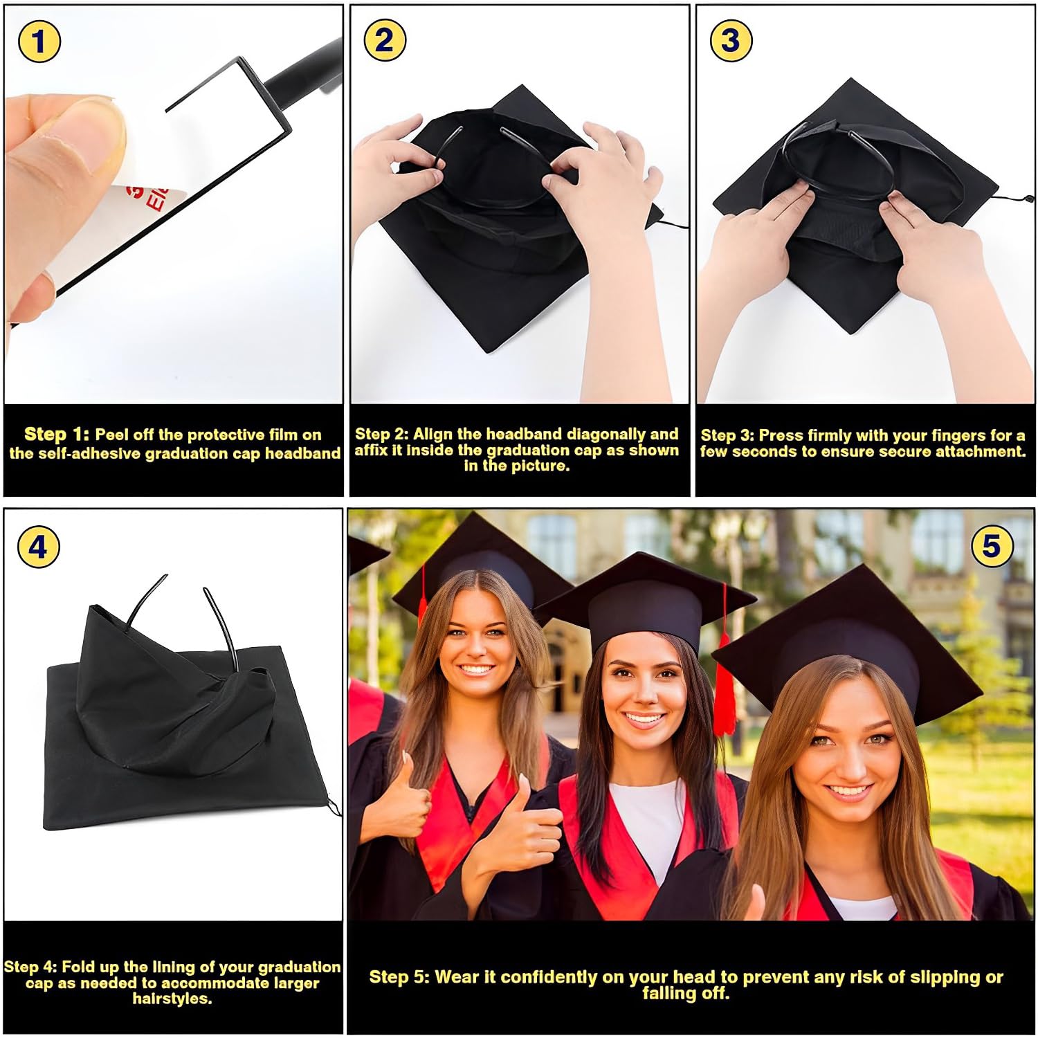 XIDIAK Graduation Cap Headband, 4 Pack Cap Inserts to Secure Your Hairstyle, Upgrade for Inside Grad Hat (Not Including the Hat)