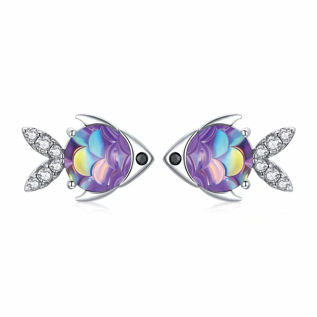 Qings Cute Fish Earrings - Sterling Silver 925 Stud Earrings Cubic Zirconia Purple Dainty Earrings Happy Fish Studs for Women