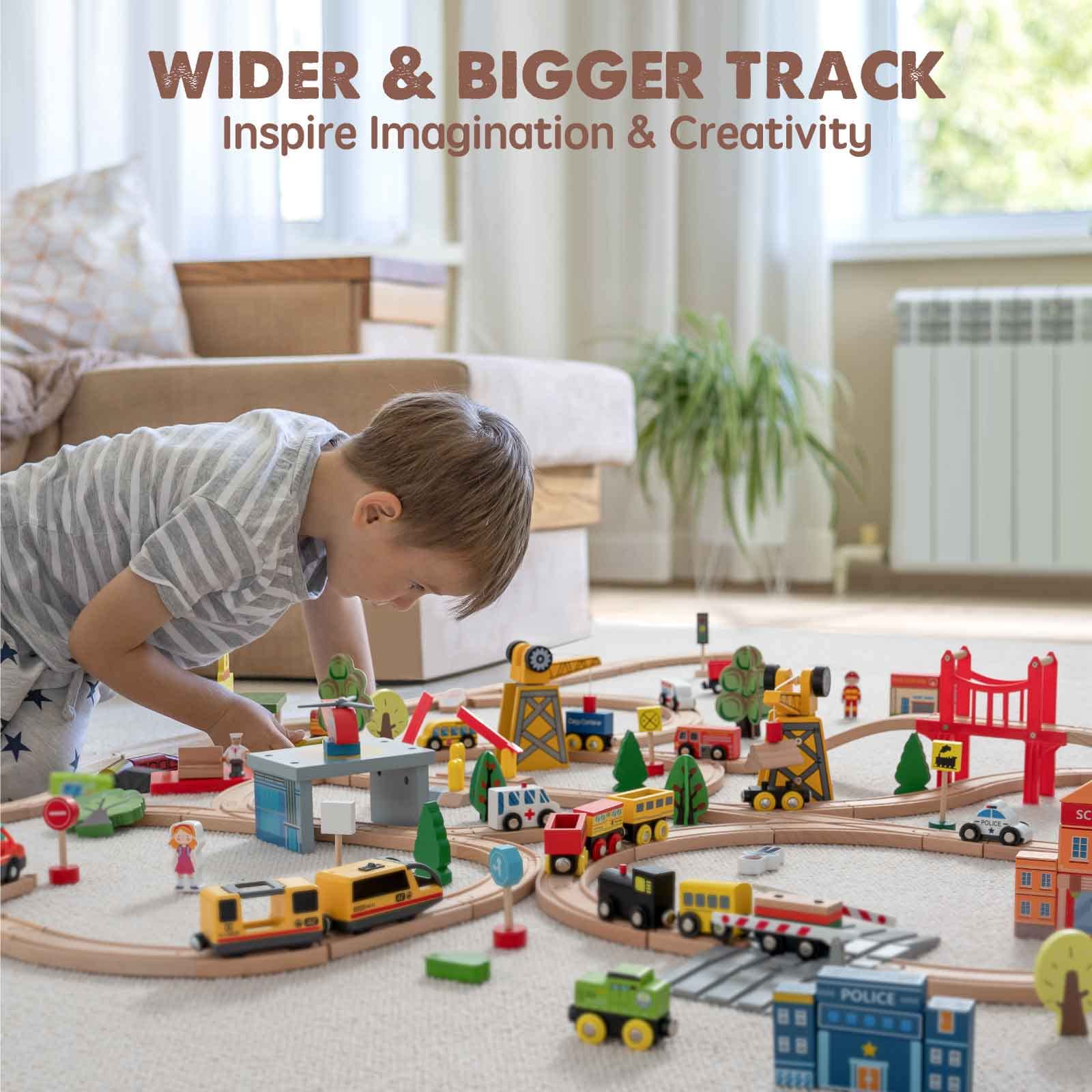 Toddler Toys Wooden Train Set Bundle with 52 Pcs Train Track Expansion