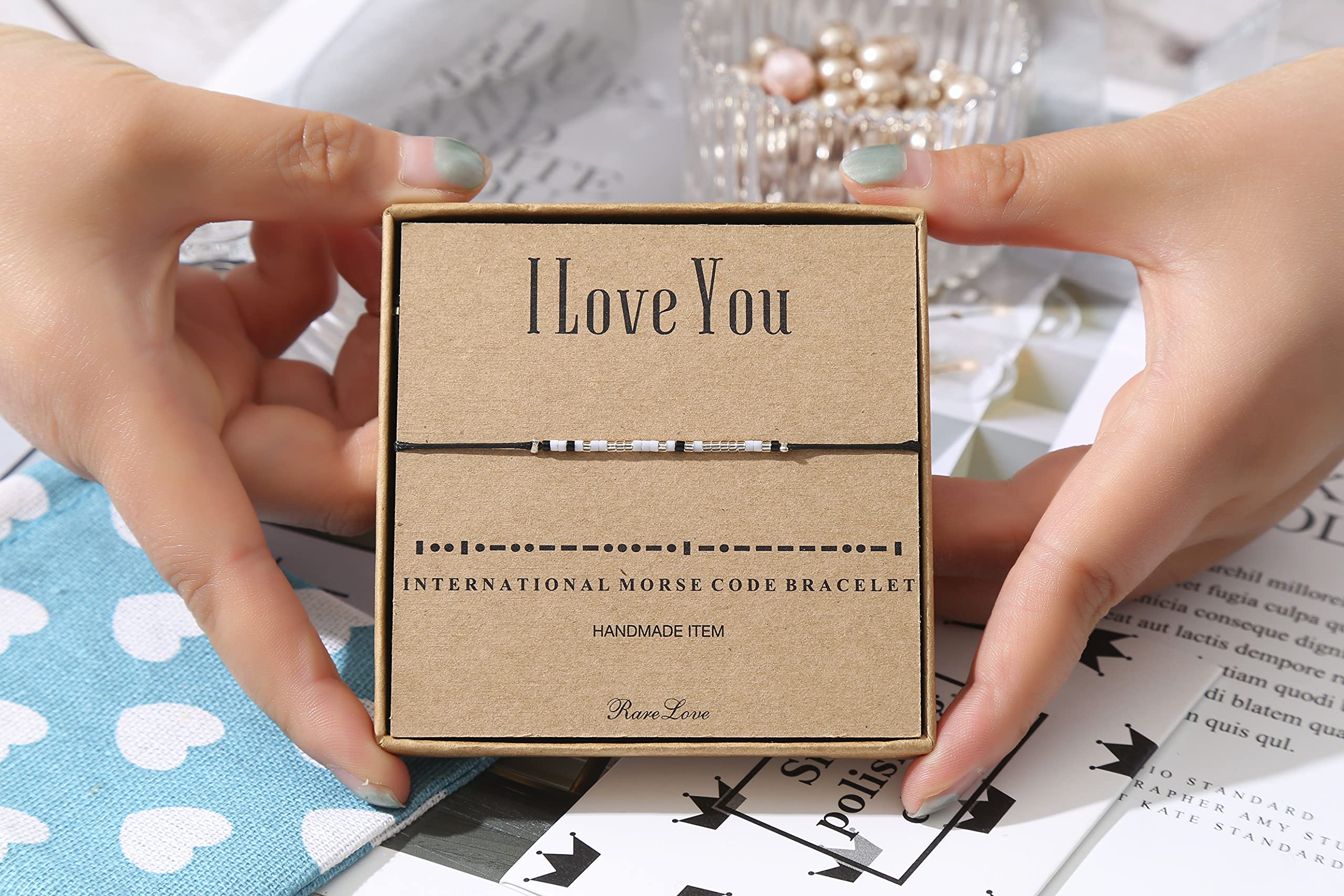 RareLove I Love You Morse Code Beaded Bracelet for Women Relationship Bracelets,His and Hers Bracelets Waterproof Silver White Black Tiny Pony Seed Beads Black String