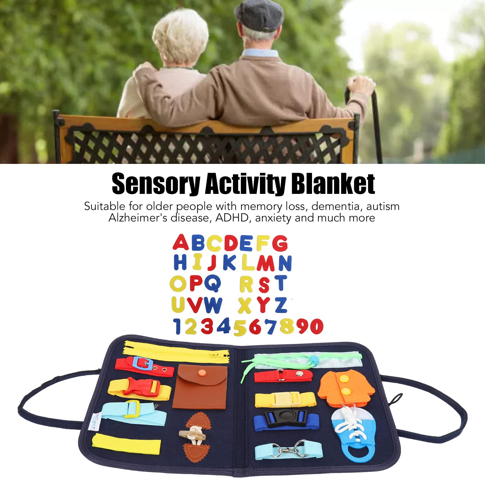 Sensory Activity Blanket, Portable Intelligence Development with Alphabet Sticker Dementia Fidget Toys for Elderly People