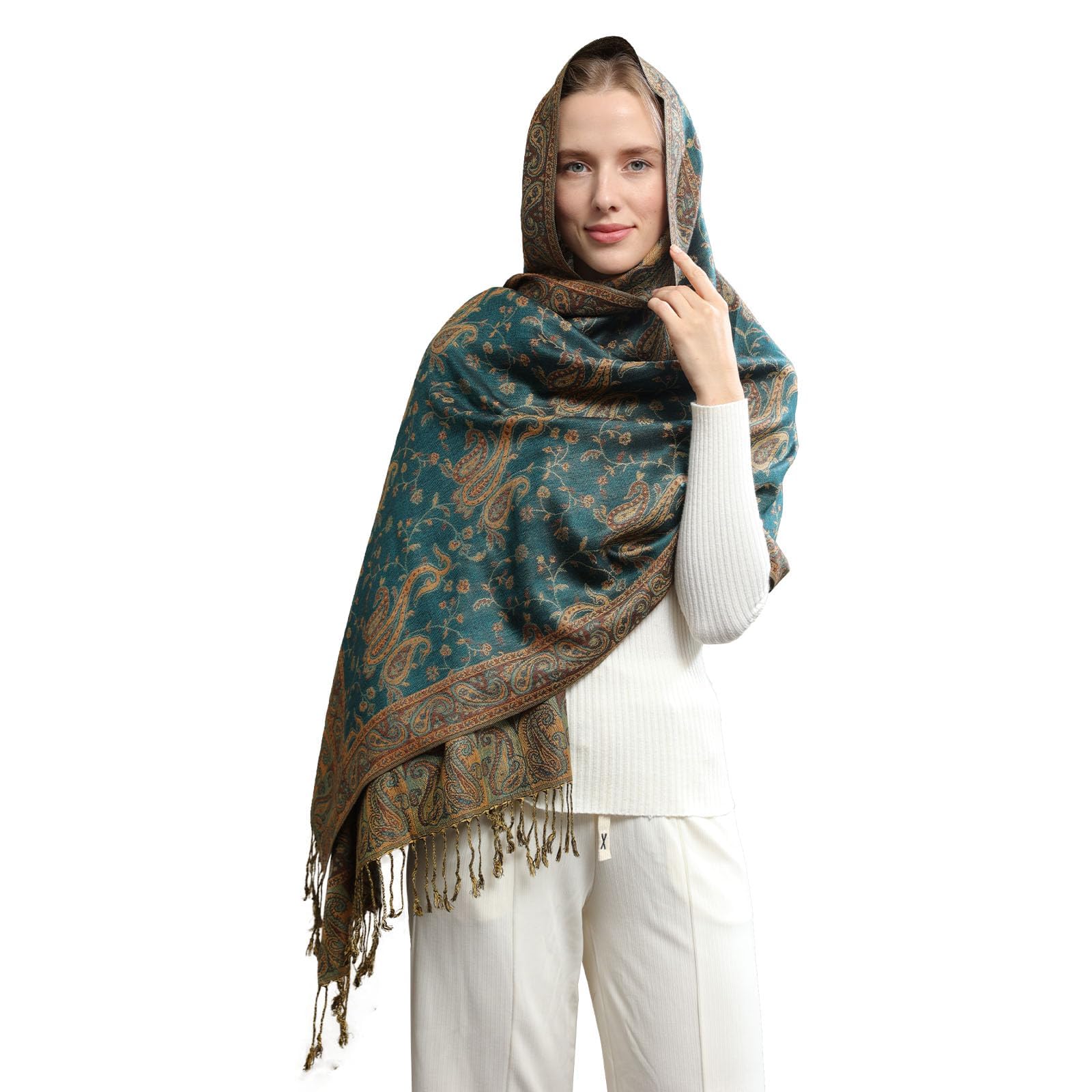 TULAOMAO Two Tone Pashmina Shawls and Wraps with Frings, Women Soft Silky Paisley Scarfs Shawls for Wedding, Pashmina Rave