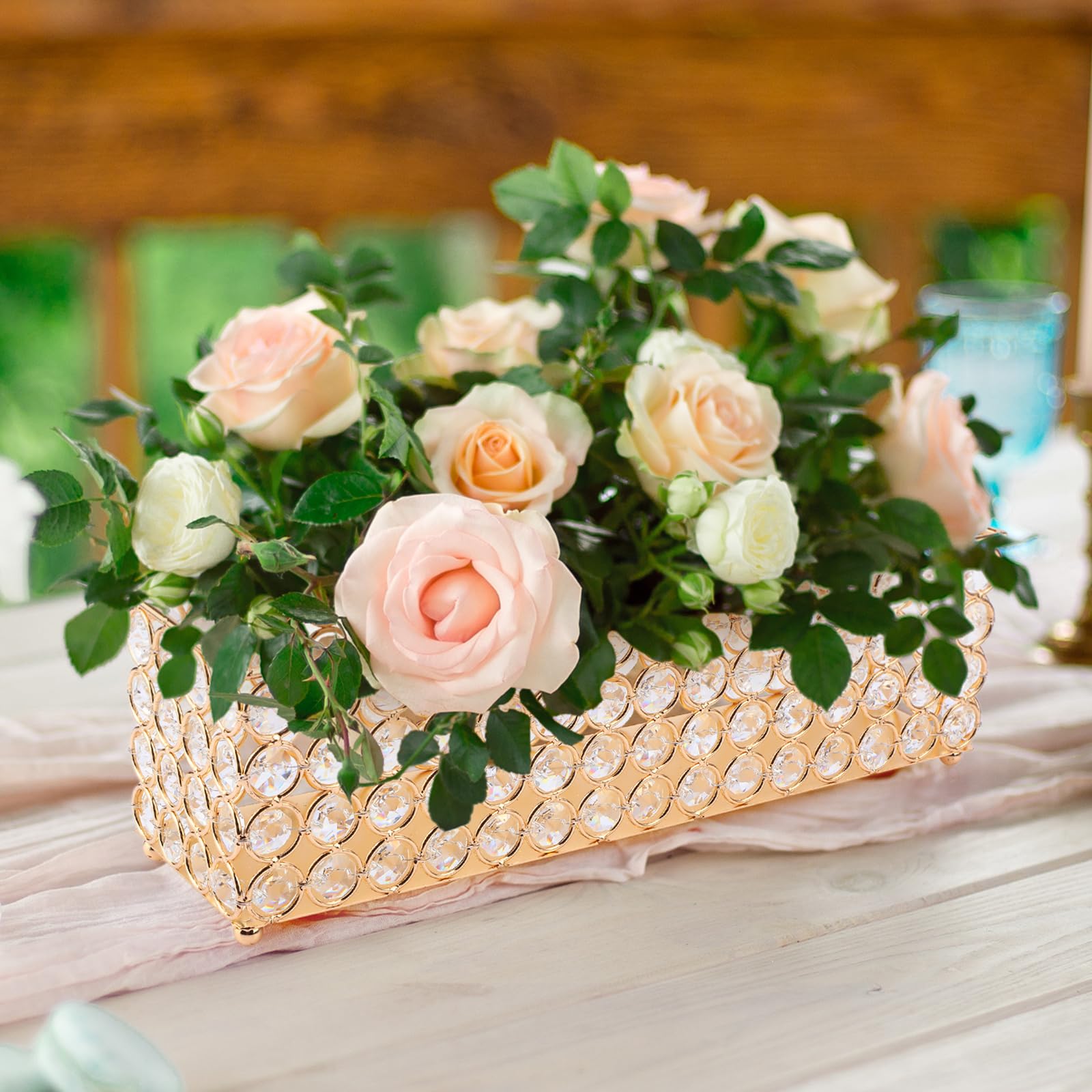 Maxdot Gold Crystal Rectangular Floral Centerpiece for Dining Table 12 Inches Long Rectangular Vase Candle Holders Tray Flower Gold Vases for Wedding Party Events Home Dining Table Decor