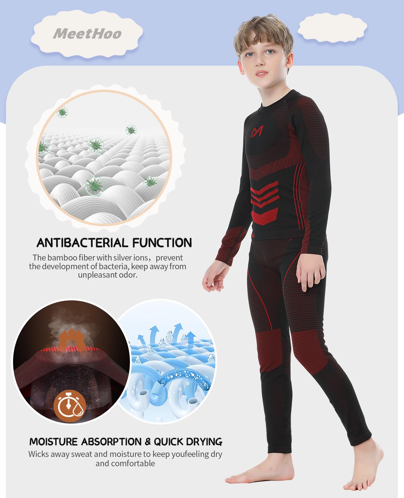 MeetHoo Children's Thermal Sets Skin-friendly Sports Base Layer Winter Ski Hunting Gear Underwear, Red, Medium
