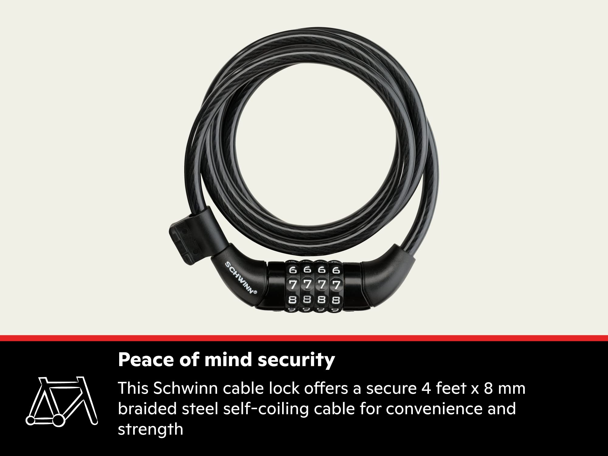 Schwinn Combination Bike Lock in Steel Cable, 6 feet x 10 mm Anti Theft Bicycle Lock, Black, Security Level 2