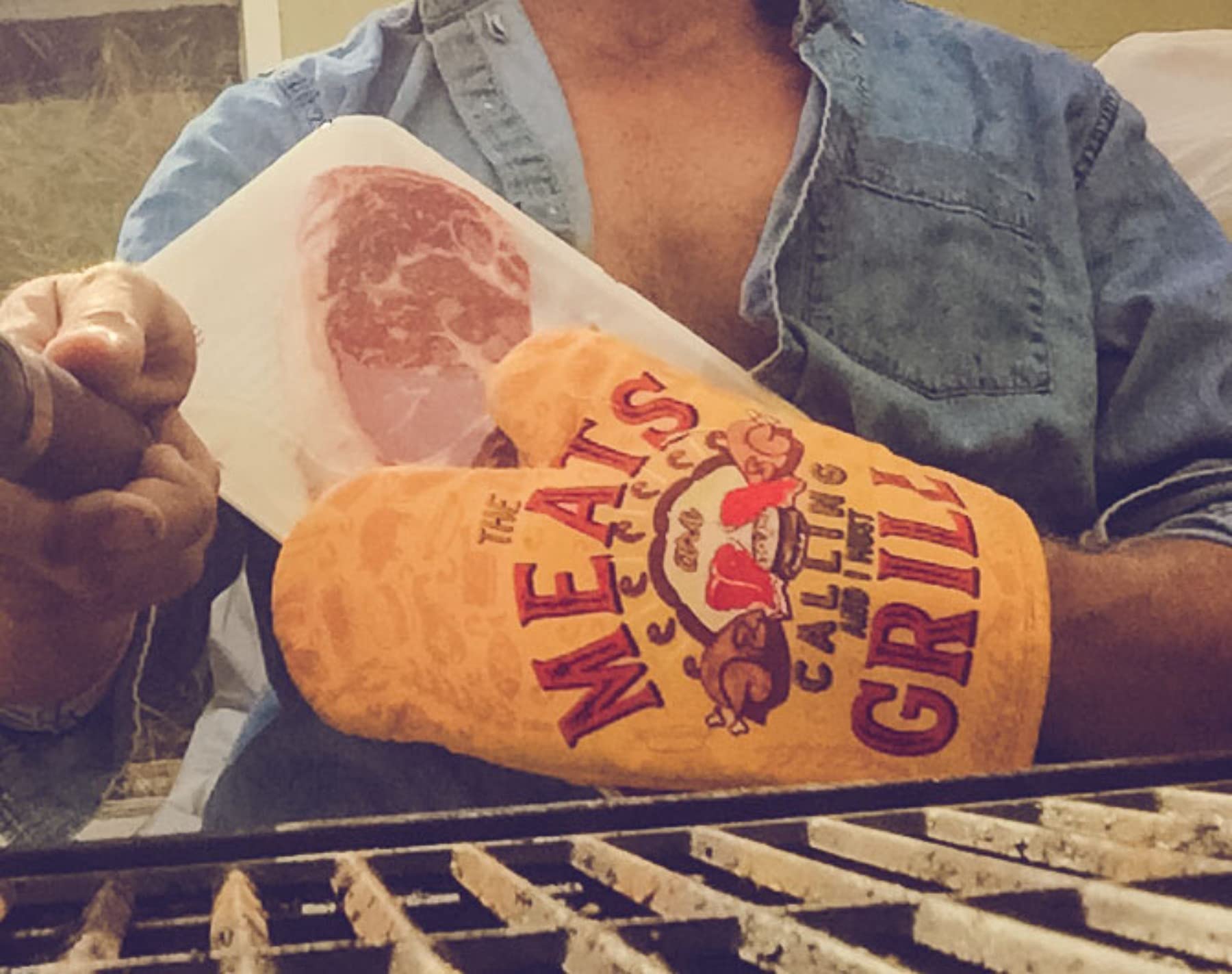 The Meats are Calling and I Must Grill Oven Mitt Funny Backyard Bar-B-Que BBQ Kitchen Glove Funny Graphic Kitchenwear Funny Food Novelty Cookware Yellow Oven Mitt
