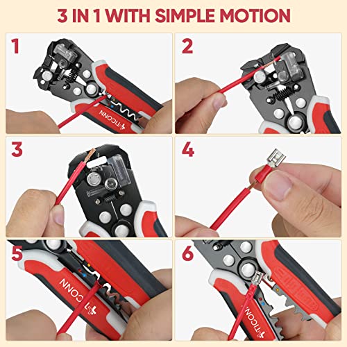 TICONN Automatic Wire Stripper Tool, 3 in 1 Wire Cutters Crimper Pliers Electrician Tools for 24β10 AWG Wire Stripping, Cutting and Crimping (Red)