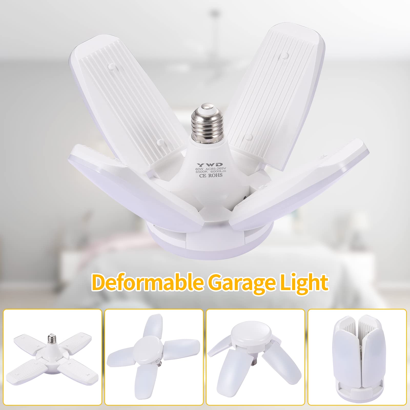 YWD LED Garage Light 2 Pack, 60W Deformable Garage LED Lights Ceiling LED Shop Light 6000LM 6500K LED Lights for Garage - E26/E27 Screw Socket, Bright Garage Lighting for Warehouse Basement Workshop…