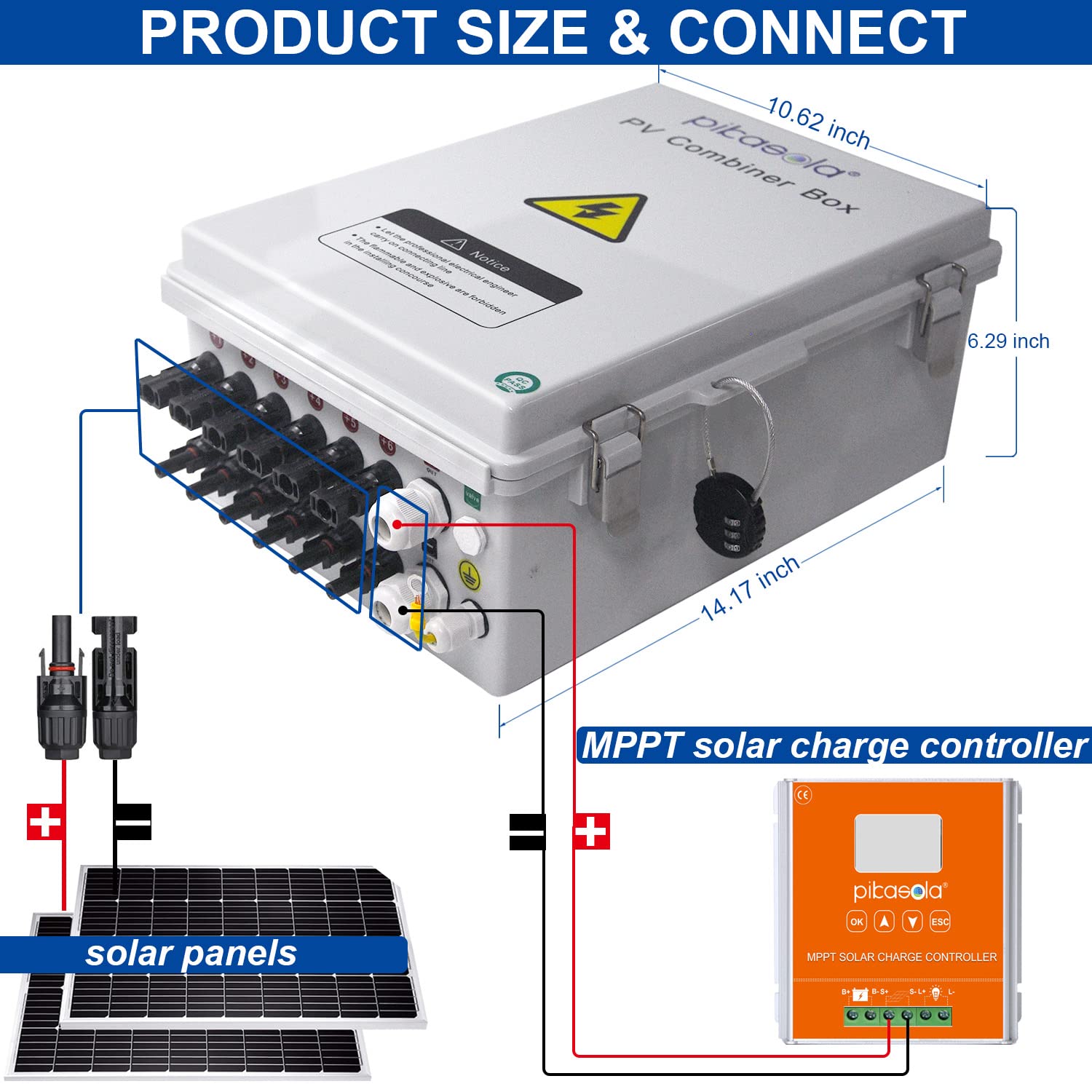 Pikasola PV Combiner Box, 6 String Solar Combiner Box with 15A LED Fuse, Lightning Arreste and 63A Air Circuit Breaker,Combiner Box for Solar Panel On/Off Grid System, IP65 Water Resistant