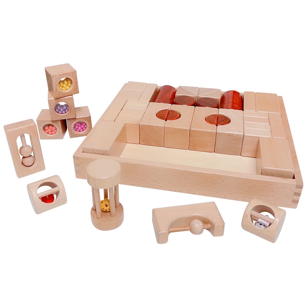 tanoshimu Baby’s First Wooden Sound Blocks,42pcs - Natural Beech Wood - Montessori Building Blocks STEM Preschool Educational Wooden Stacking Toys for 3 4 5 Year Old Boys Girls Gifts