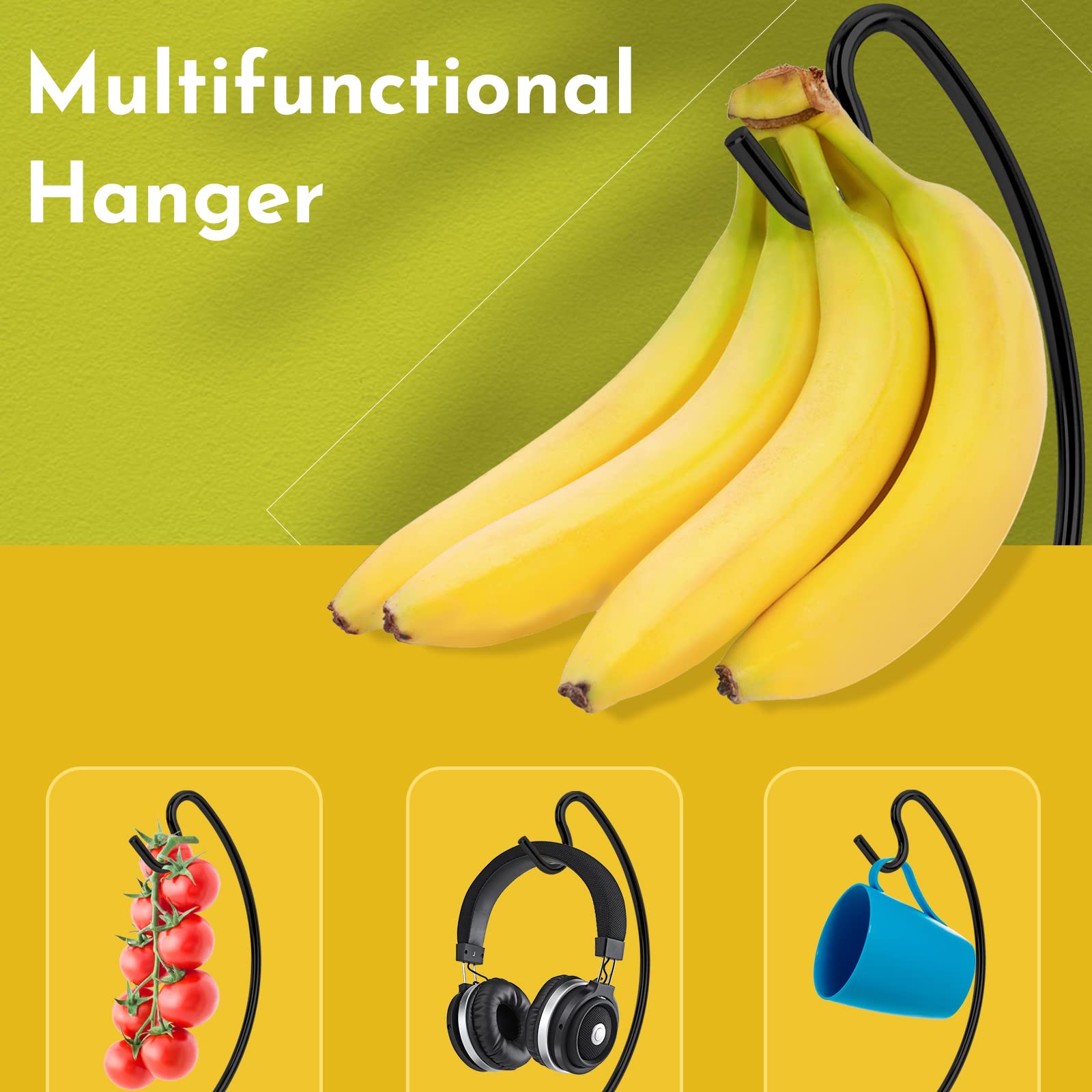 Niceyos Banana Holder Stand - Newest Patented Modern Banana Hanger with Wood Base Stainless Steel Banana Tree Hook Rack for Kitchen Countertop (Full Black)