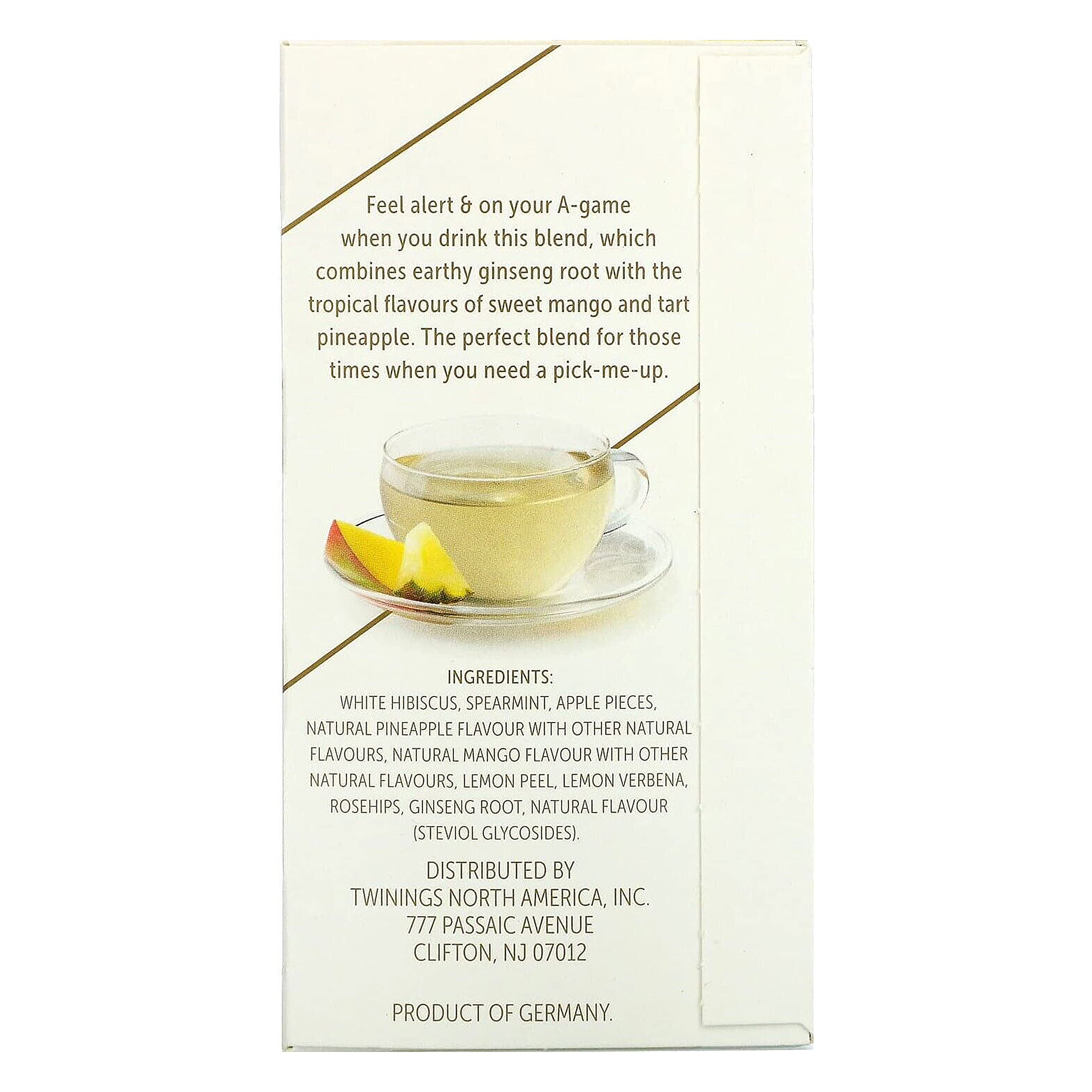 Twinings Focus Tea - Mango & Pineapple Flavoured Hibiscus Tea with Revitalizing Ginseng Root, Naturally Caffeine-Free Herbal Tea Bags Individually Wrapped, 18 Count