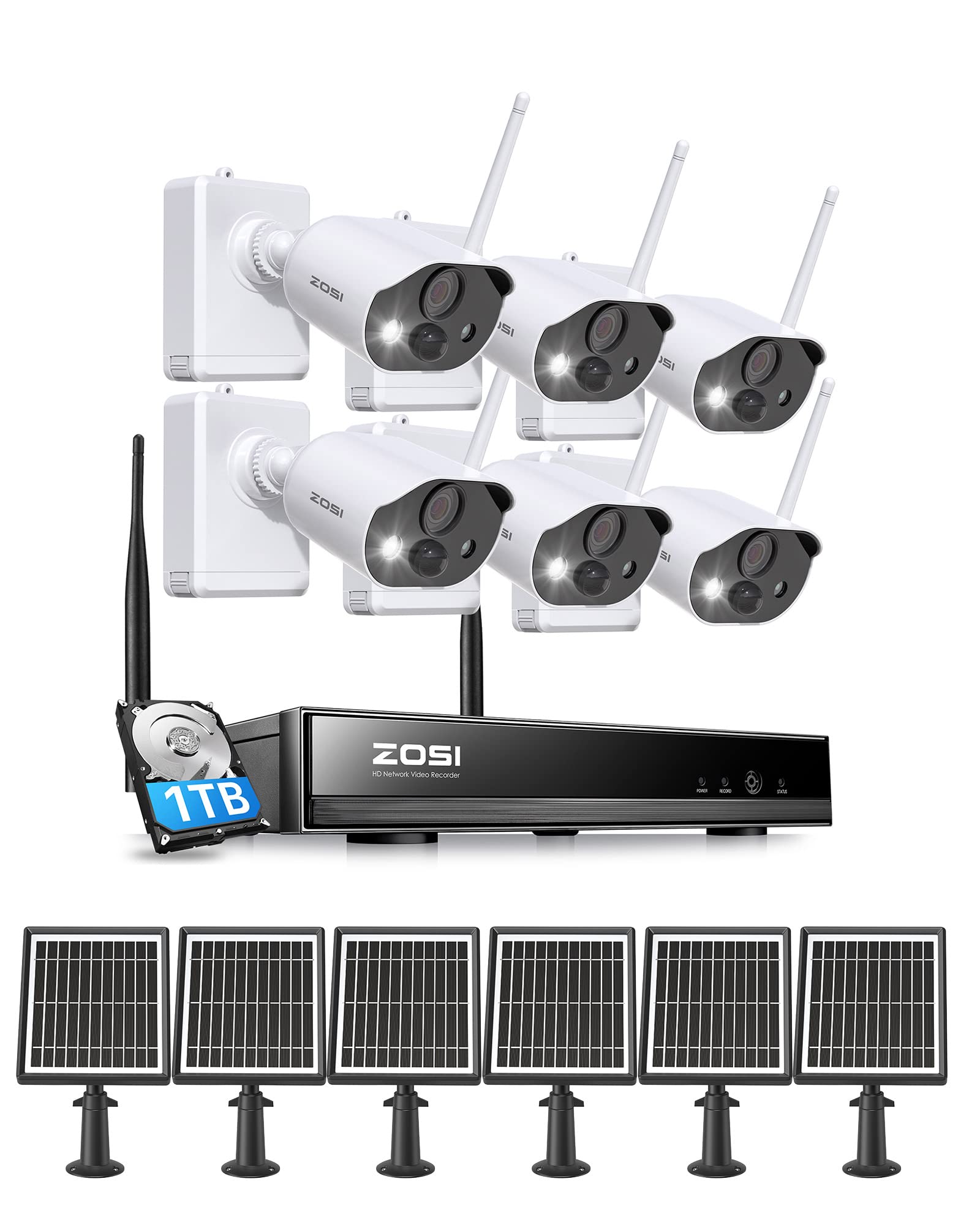ZOSI C306PK 8CH 2K Wireless Battery Powered Camera System with 6 x Solar Panel, 6 x Camera with Color Night Vision, 2-Way Talk, Light & Siren Alarm, 1TB HDD