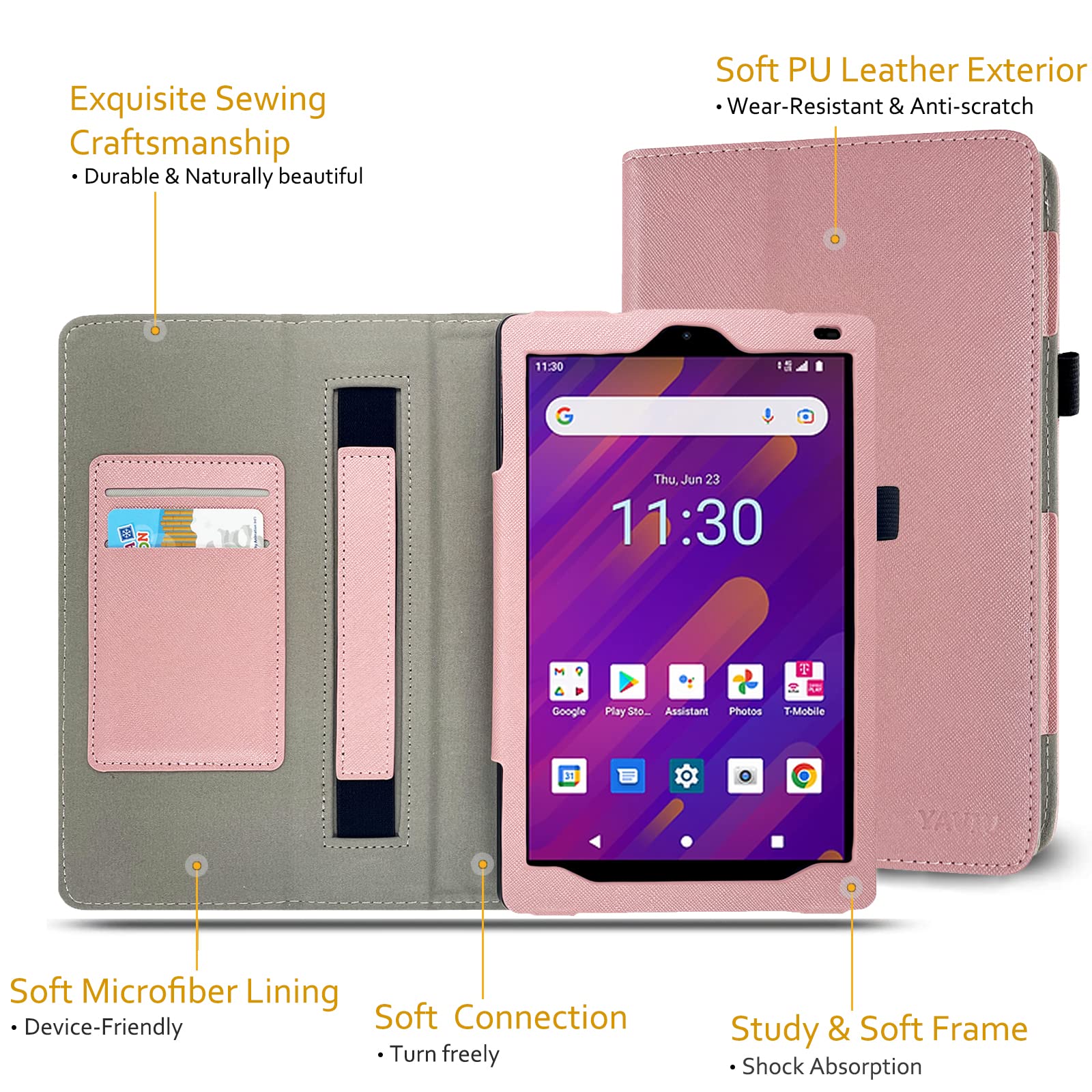 YAVIV Case for Moxee Tablet 2 8 Inch (Model: MT-T8B22) 2022 Release, Premium PU Leather Cover with Auto Sleep Wake, Hand Strap (AA-Rose Golld)