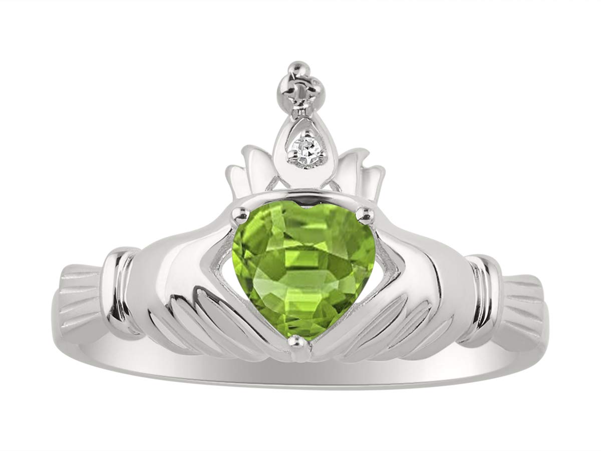 Rylos Rings Sterling Silver Claddah Love, Loyalty & Friendship Ring Heart 6MM Gemstone & Diamond Claddagh Rings August Peridot Jewelry Size 11