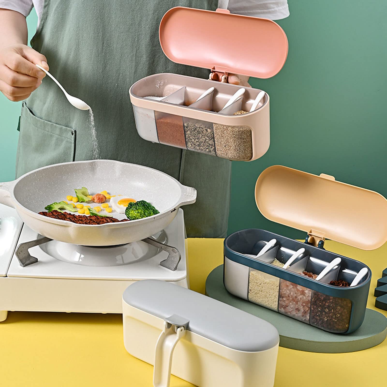 MIKMAX Seasoning containers Kitchen 4 Grid Salt Box Seasoning Container,4 Grids with 4 Spoons Creativity Kitchen Storage Salt Pepper Container