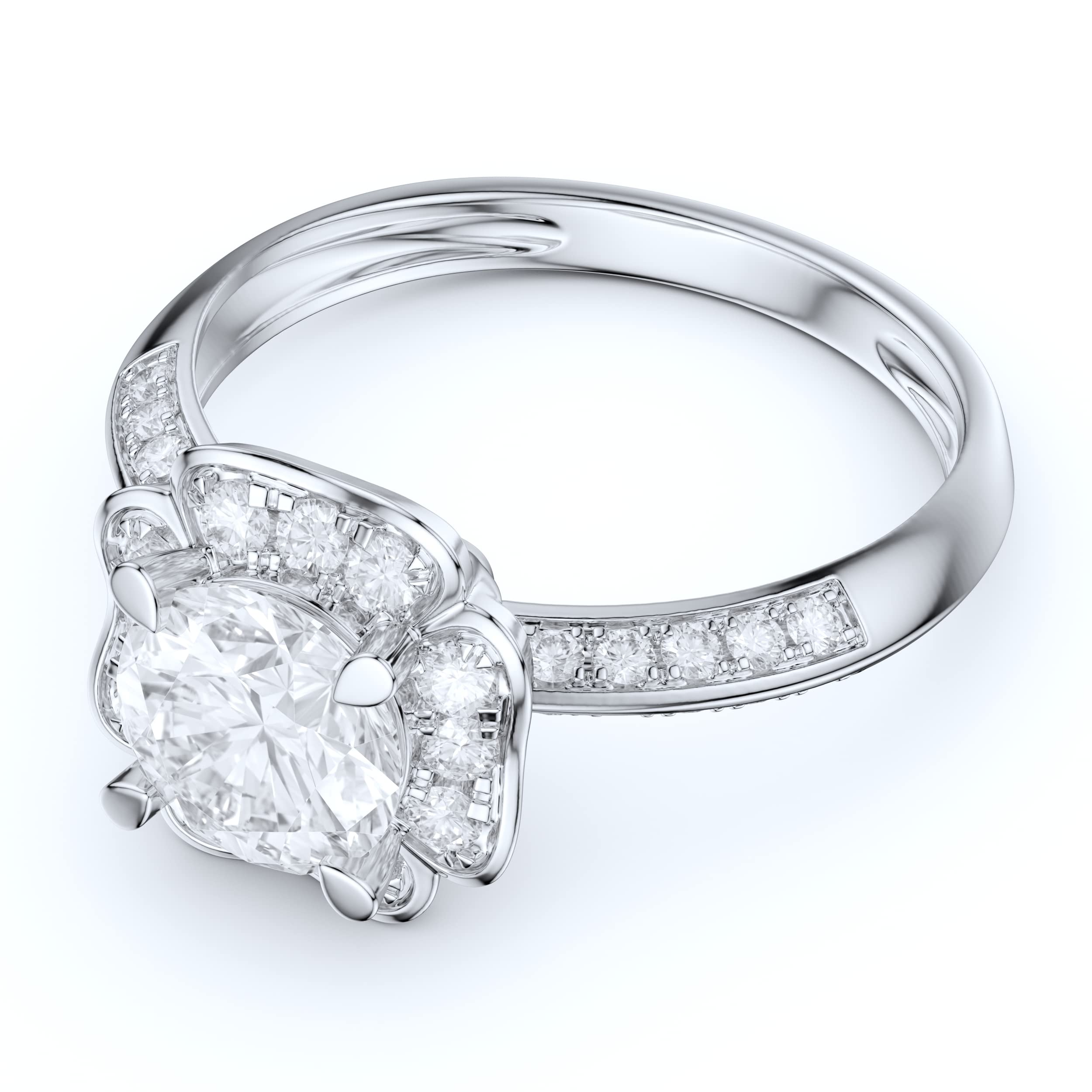 PRSTANI Real 14k White Gold Romantic Flower Like Clovers Halo 4-Prong Set 1.0 CT Simulated Diamond Engagement Ring (6.5)