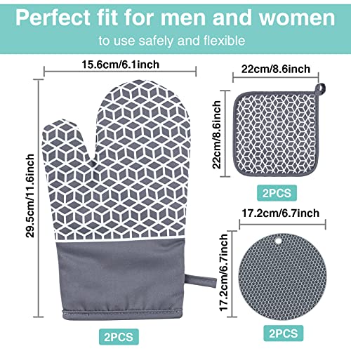 Oven Mitts and Pot Holders, Hmtruly Extra Long Oven Gloves, 500℉ Heat Resistant Oven Mitts with Non-Slip Silicone Pattern, Oven Hot Pads Pot Holders for BBQ Kitchen Baking Cooking (6-Piece Set, Grey)