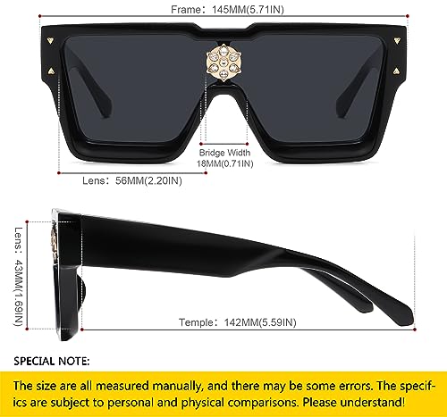 SHEEN KELLY Retro Square Sunglasses for Men Women Fashion Thick Flat Top Black Shades Diamond Eyewear