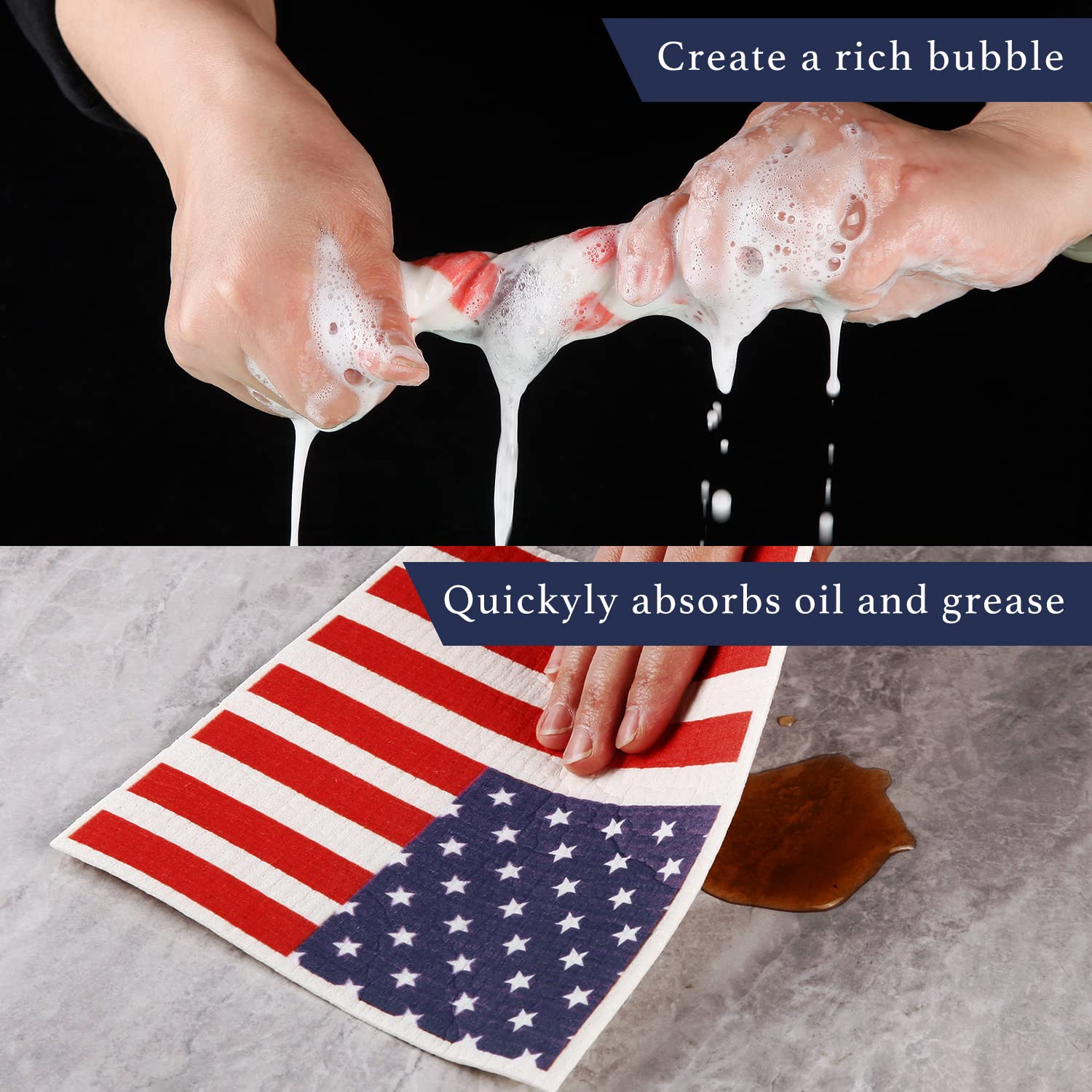 Quera 4Th of July Swedish Kitchen Dishcloth Retro Patriotic Stars & Stripes Truck Cotton Kitchen Towel Independence Day Absorbent Quick Drying Kitchen Cloth for Home Counter Wipes,4Pcs​