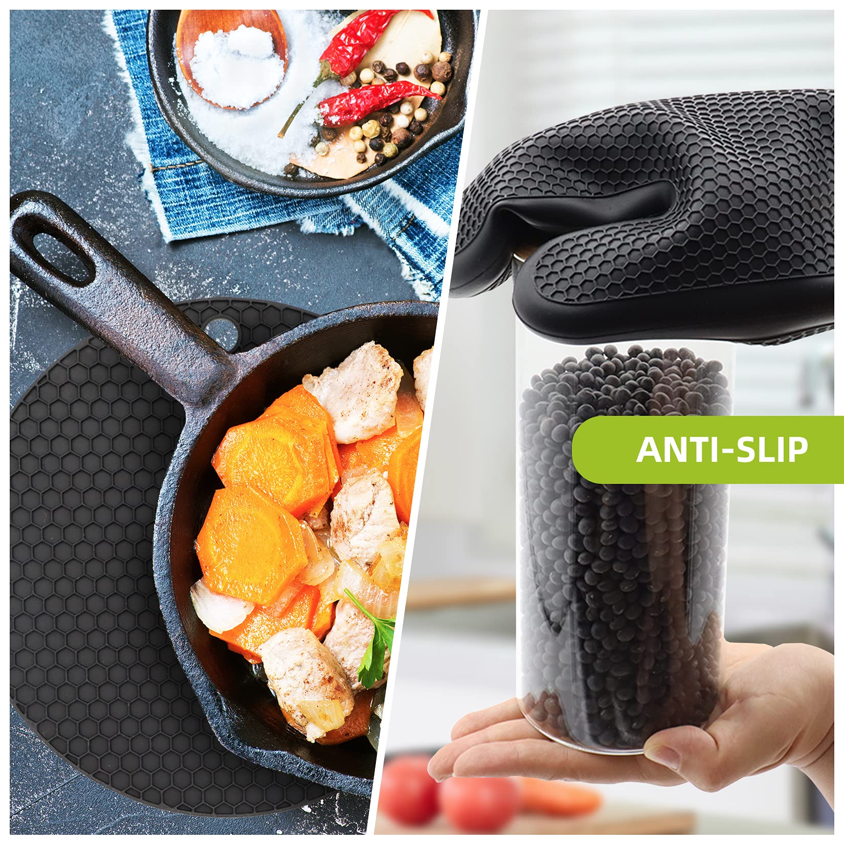 Oven Mitts and Pot Holders Sets Heat Resistant up to 500°F, Kitchen Mittens with Quilted Cotton Lining, Heavy Duty Silicon Oven Mittens Anti-Slip, Set of 3, 13 inches, Black Oven Mits