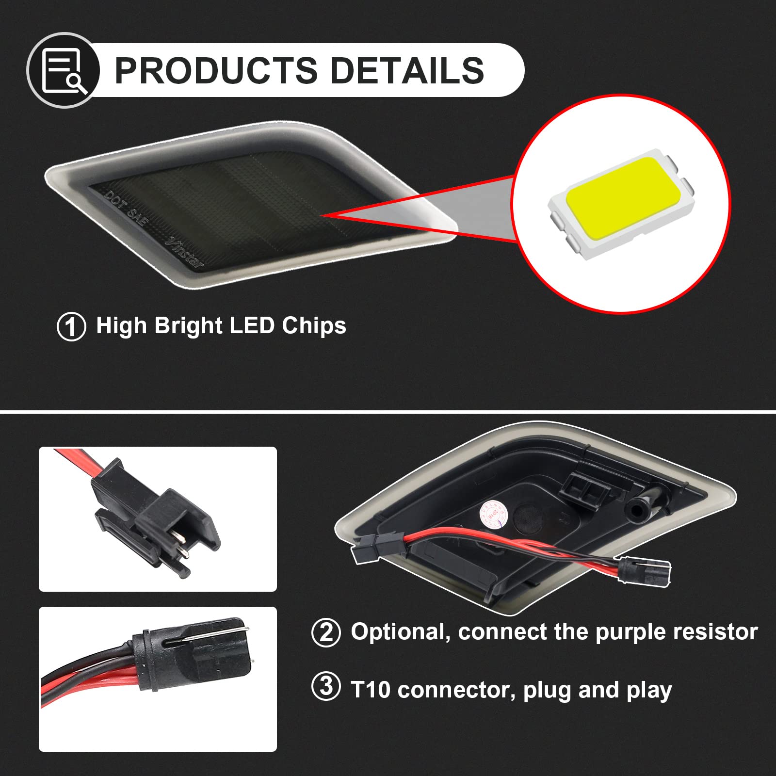 Smoked Lens White LED Front Bumper Side Marker Light Kit Compatible with 2008-2011 W204 C-Class C250 C300 C350 & 2008-2013 C63 AMG, Replace OEM Amber Sidemarker Lamps