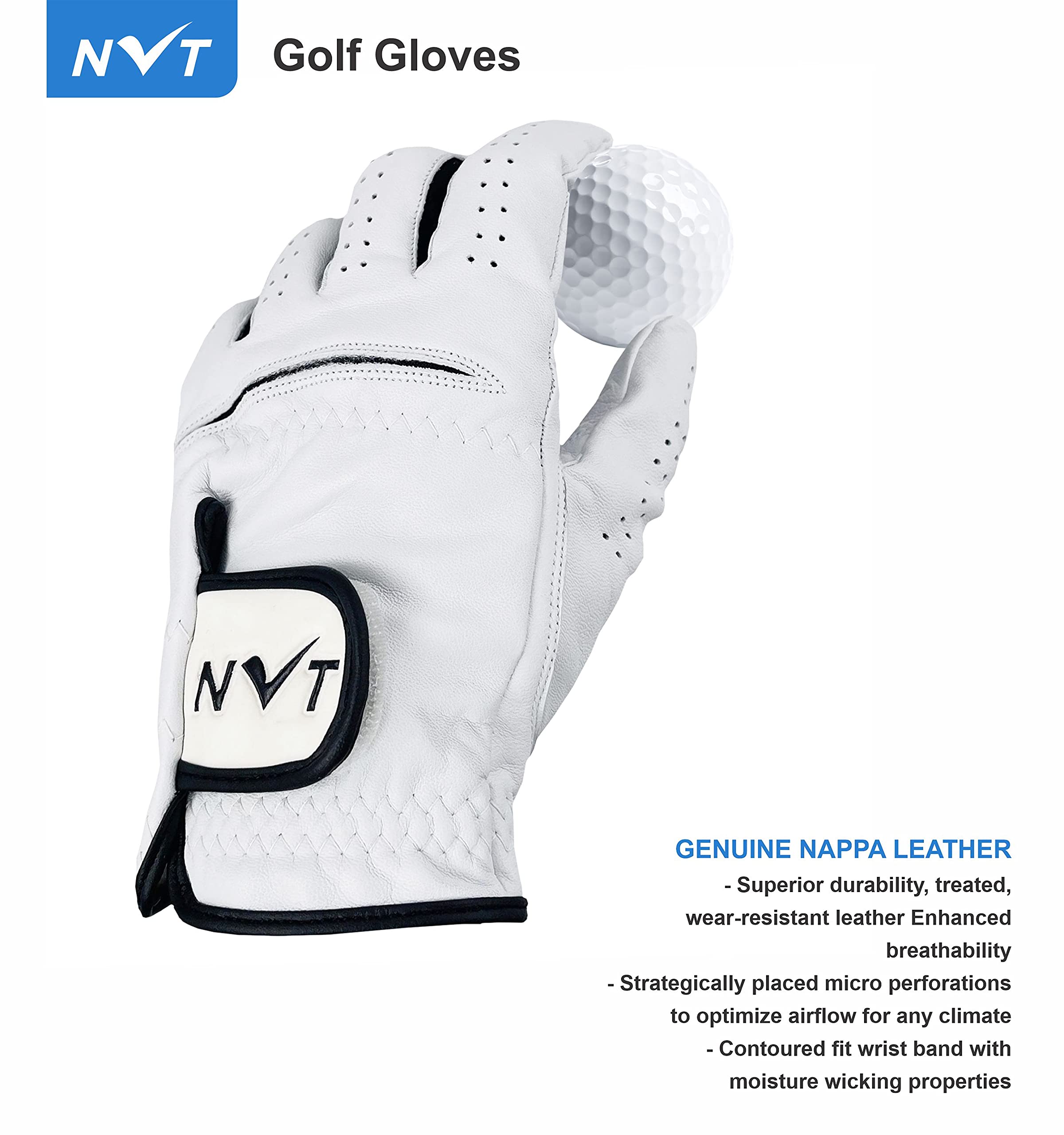NVT Premium Pro Player Cabretta Leather Golf Glove, Stable Grip Men Golf Gloves, Left Hand (Large L Size).