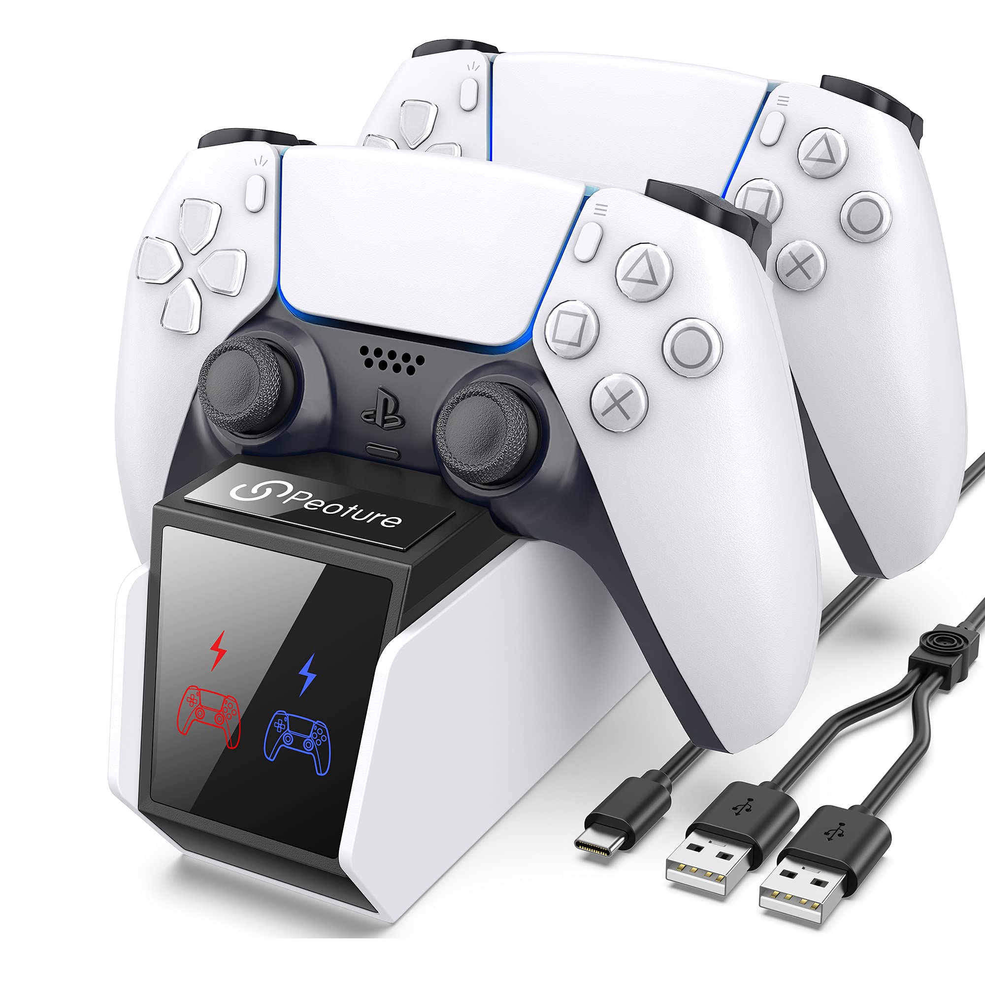 Peoture PS5 Controller Charger Station, PS5 Charging Station Dual Charger Docking Station Compatible with Playstation 5 PS5 with LED Indicators- Fast Charging 5V/2A Cable Included