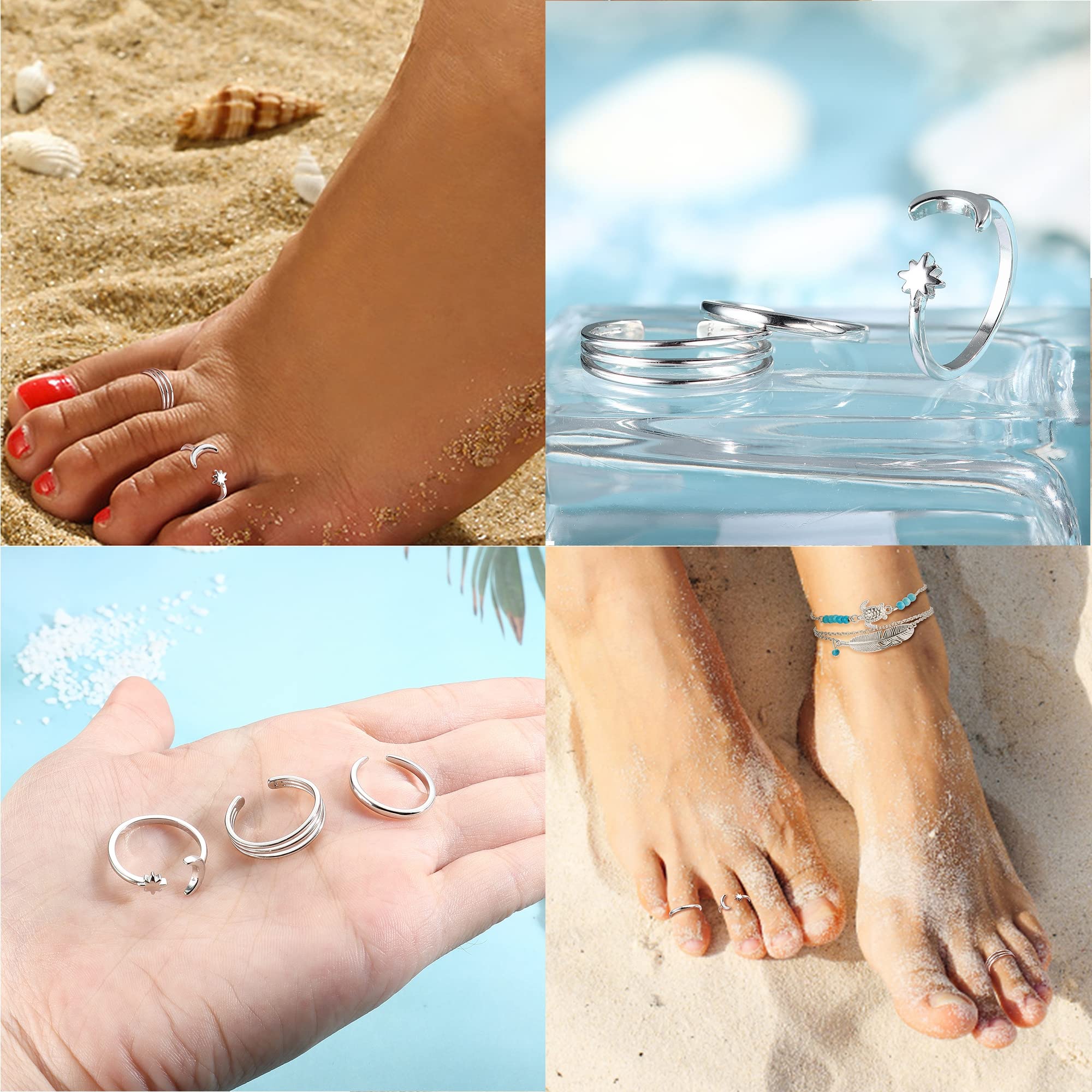Sllaiss 925 Sterling Silver Toe Rings for Women Adjustable Band Pinky Rings Minimalist Beach Foot Jewelry 3Pcs Open Toe Ring Set
