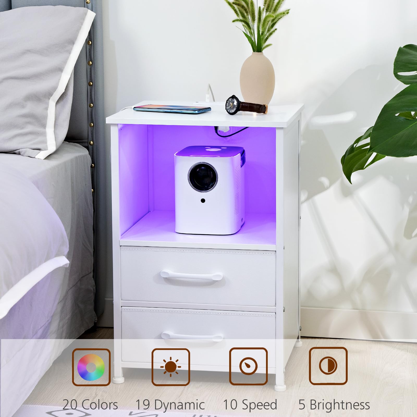 LOAKEKEL White Night Stand Set 2, LED Nightstand with Charging Station, End Tables with 3 Fabric Drawers, Bedside Table with USB Type C Port and Outlets for Bedroom, HNS033WT