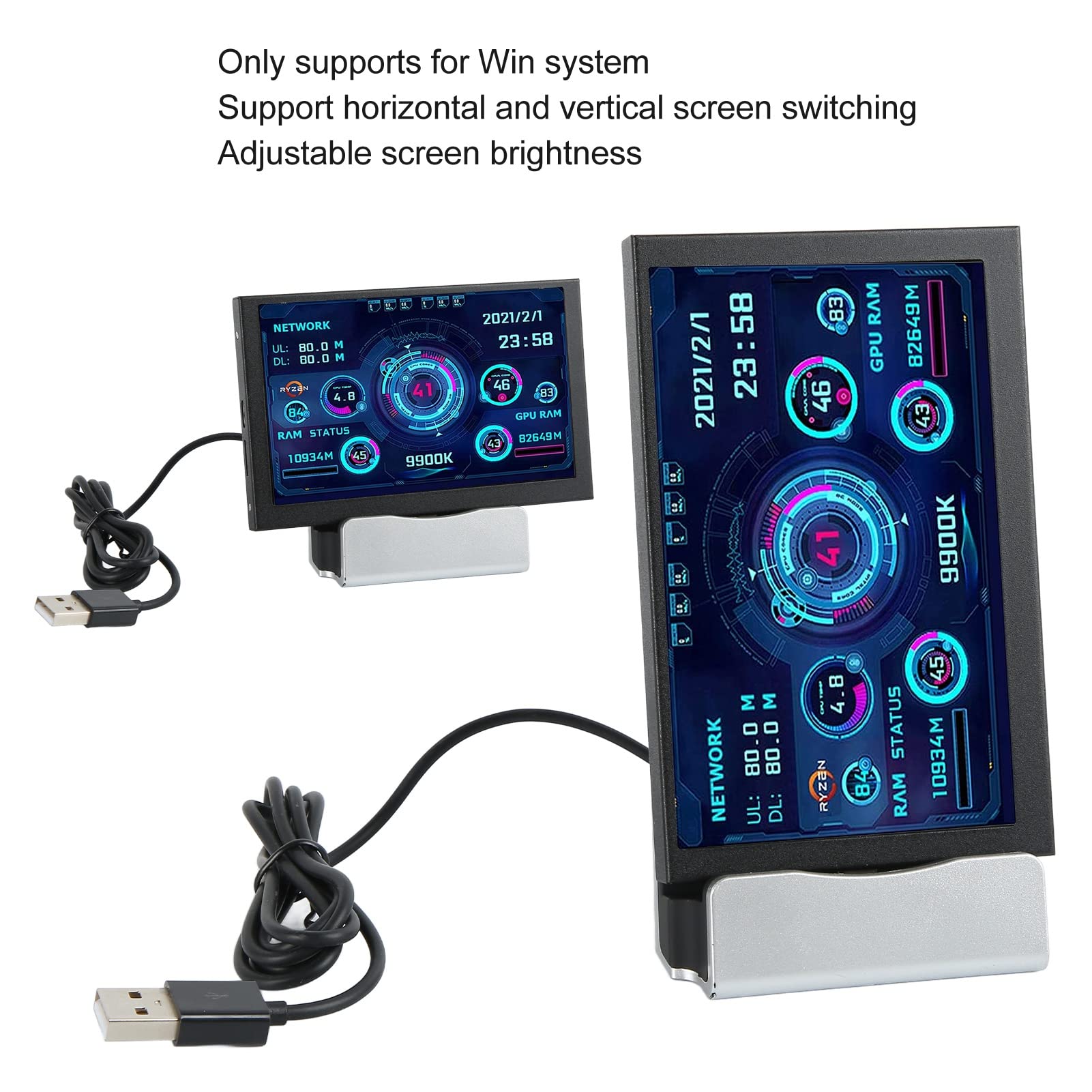 Zunate 5 Inch IPS USB Screen, Multiple Theme Computer Monitor, PC CPU GPU Data Monitor, AIDA64 PC Temperature Display USB C Sub Screen for PC Computer Case