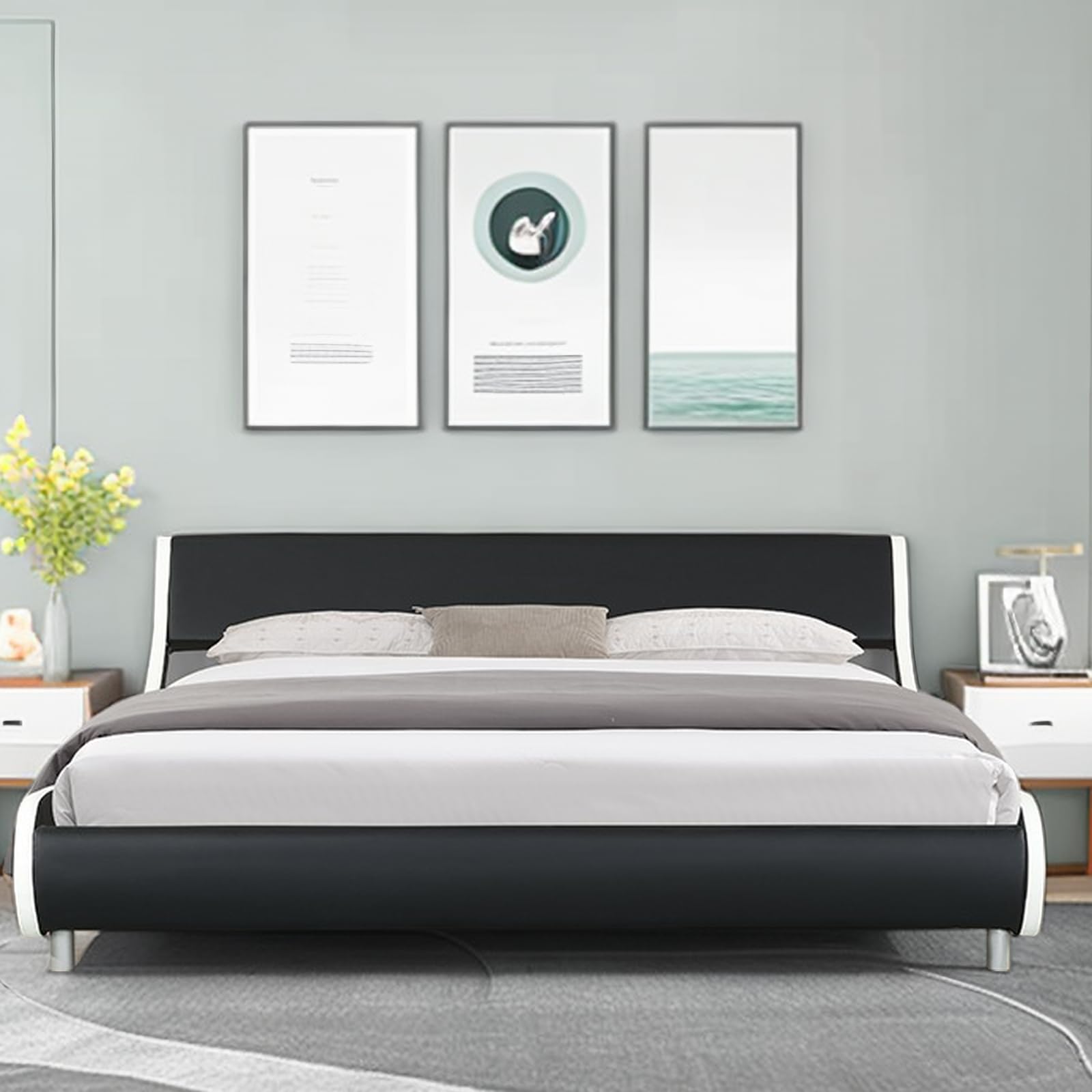 MegaChunk Faux Leather Upholstered Platform Bed Frame, King Size, Curve Design, Wood Slat Support, No Box Spring Needed, Easy Assemble, Black+White