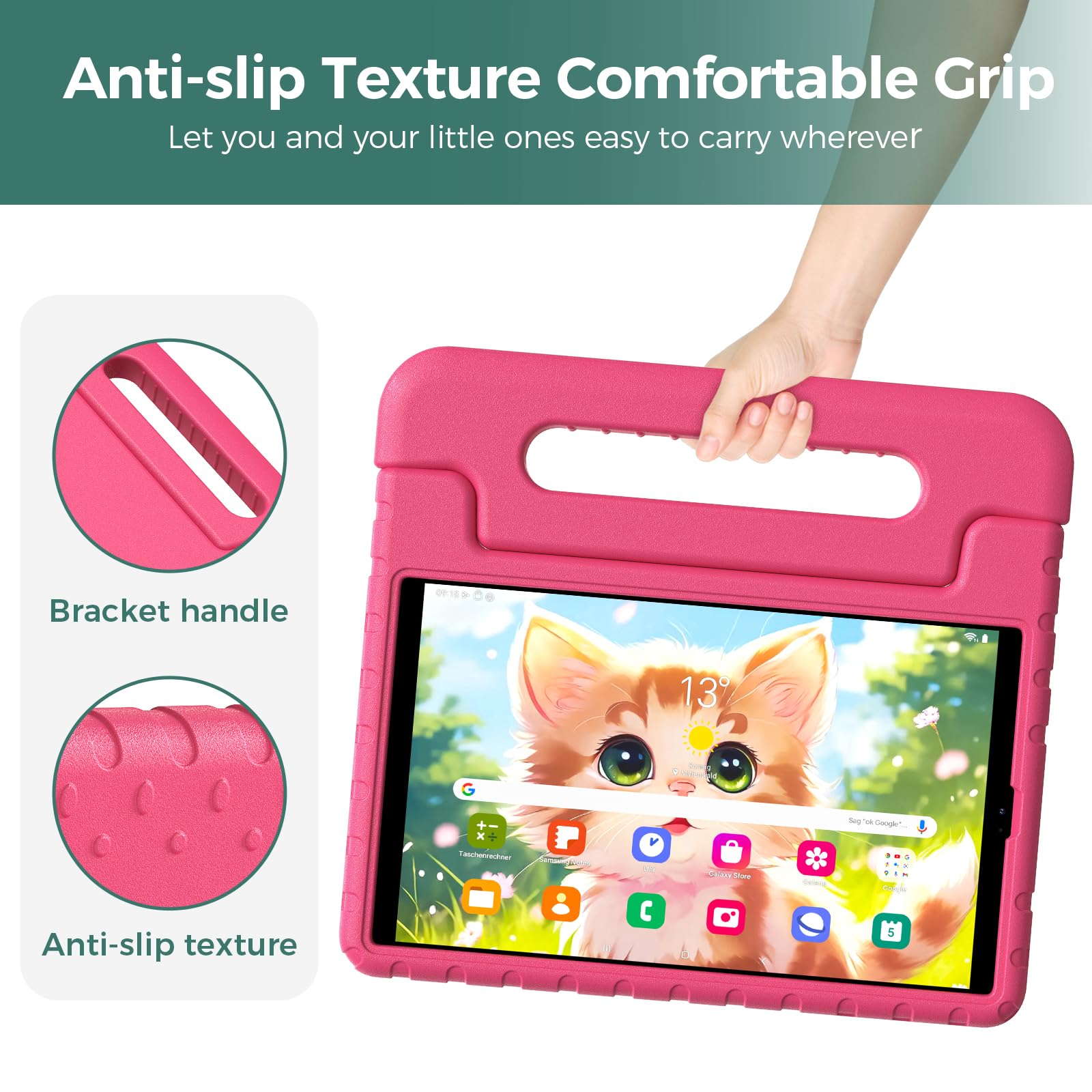 Thoreta Kids Case for Samsung Galaxy Tab A 10.1 (2019) Model SM-T510/T515, Light Weight Shockproof Kids-Friendly EVA Protective Cover with Convertible Stand Handle, Rosered