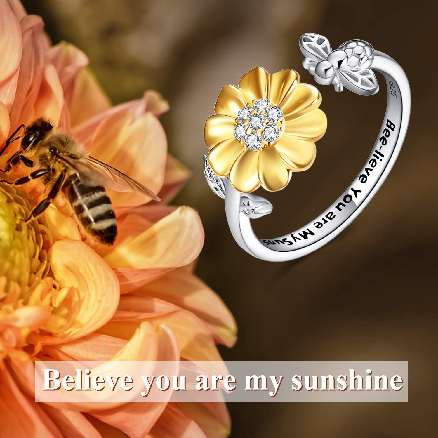 ONEFINITY Bee-live You Are My Sunshine Sterling Silver Sunflower Rings with Bee Open Adjustable Ring for Women