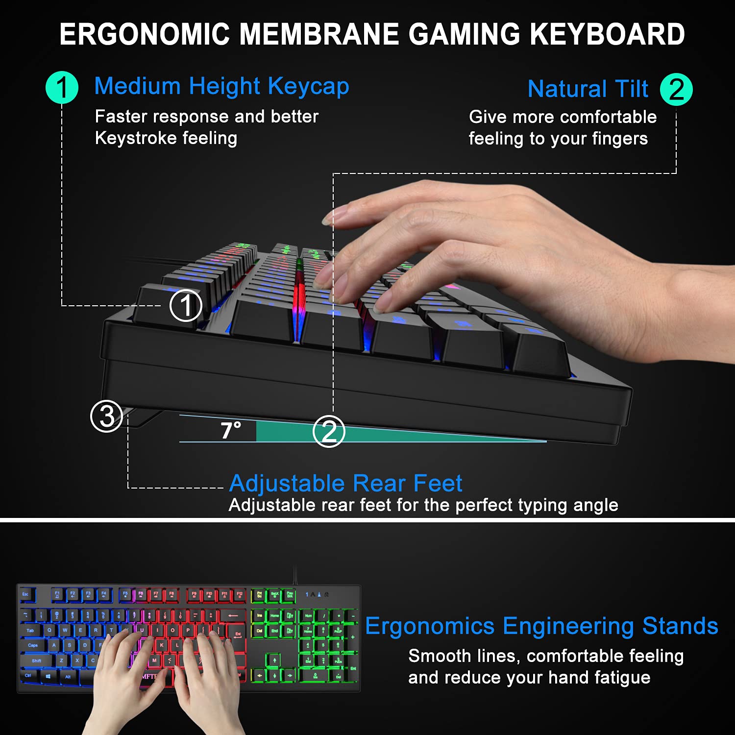 MFTEK Rainbow Gaming Keyboard and Mouse Combo, Wired RGB Backlit Gaming Keyboard and 4 Color Lighted Gaming Mouse Set with Mouse Pad for Computer PC Gamer Laptop Work