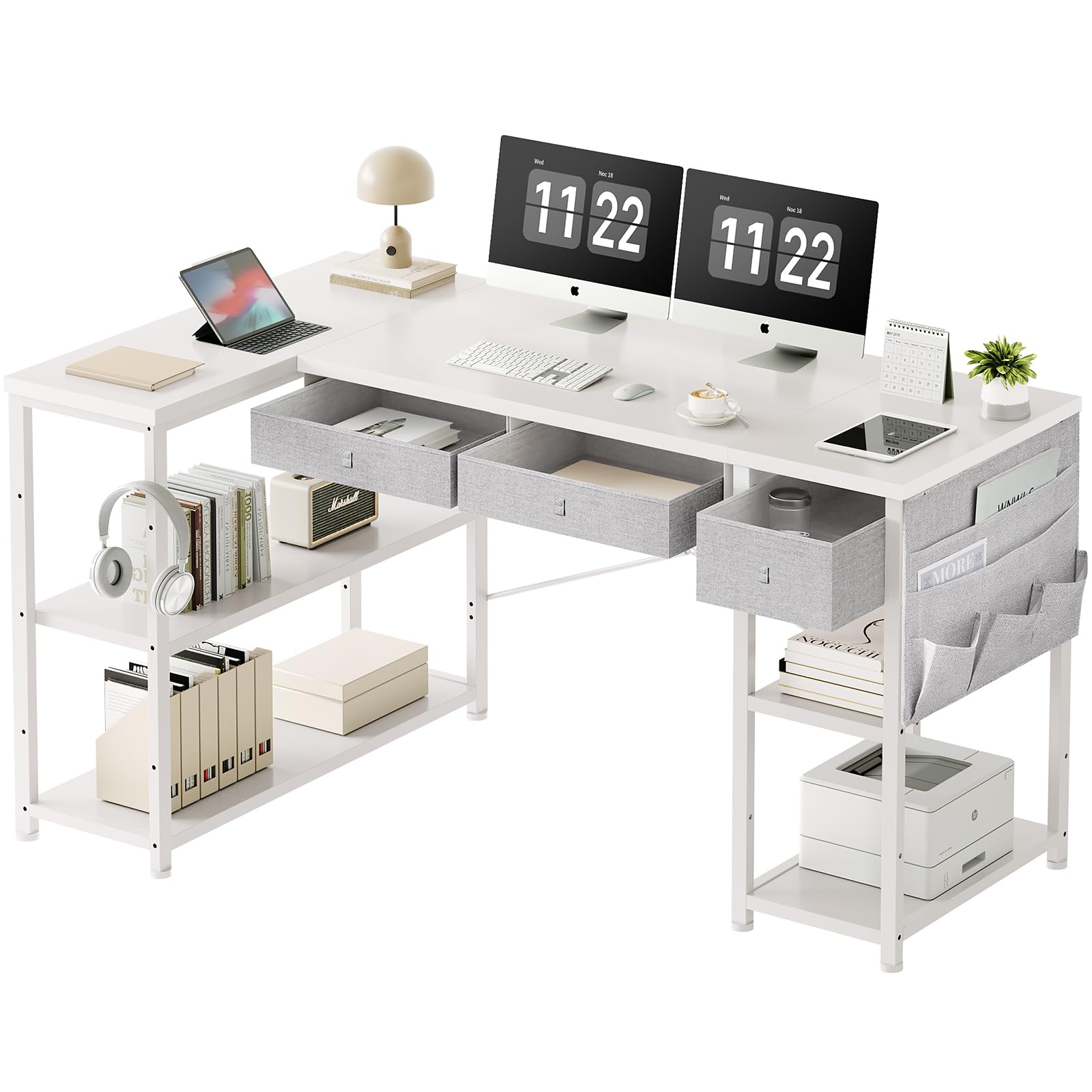 Maihail Home Office Desk with Drawers and Shelves, 55” Computer Corner Desk for Small Space, Small L Shaped Desk with Side Storage for Bedroom, White